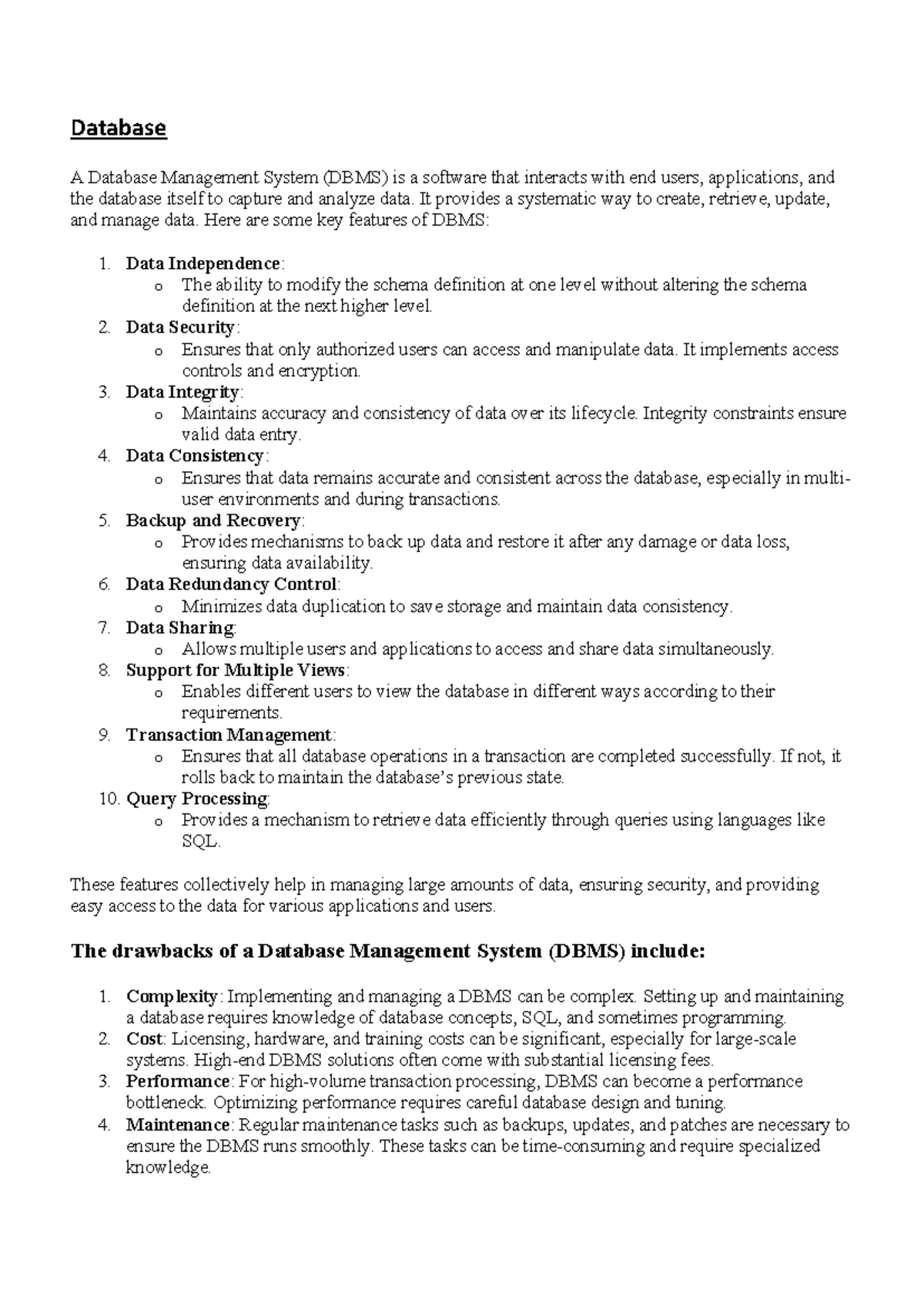 IT Notes - Har - Database A Database Management System (DBMS) is a ...