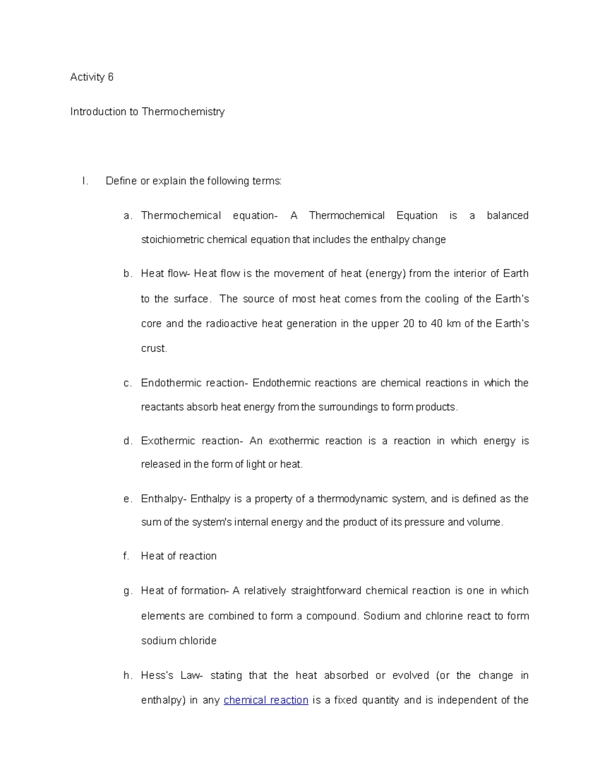 Activity 6 in Introduction to Thermochemistry - Define or explain the ...