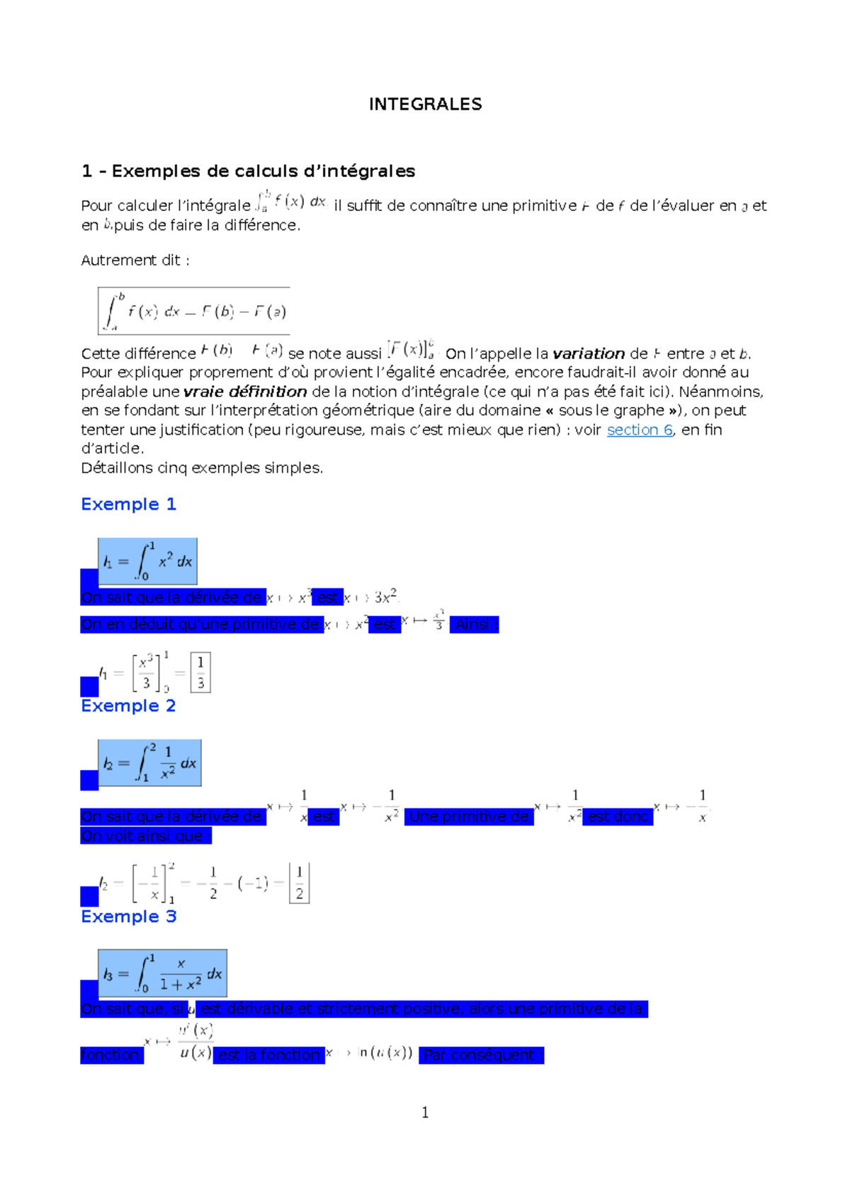 Intégrales - INTEGRALES 1 – Exemples de calculs d’intégrales Pour ...