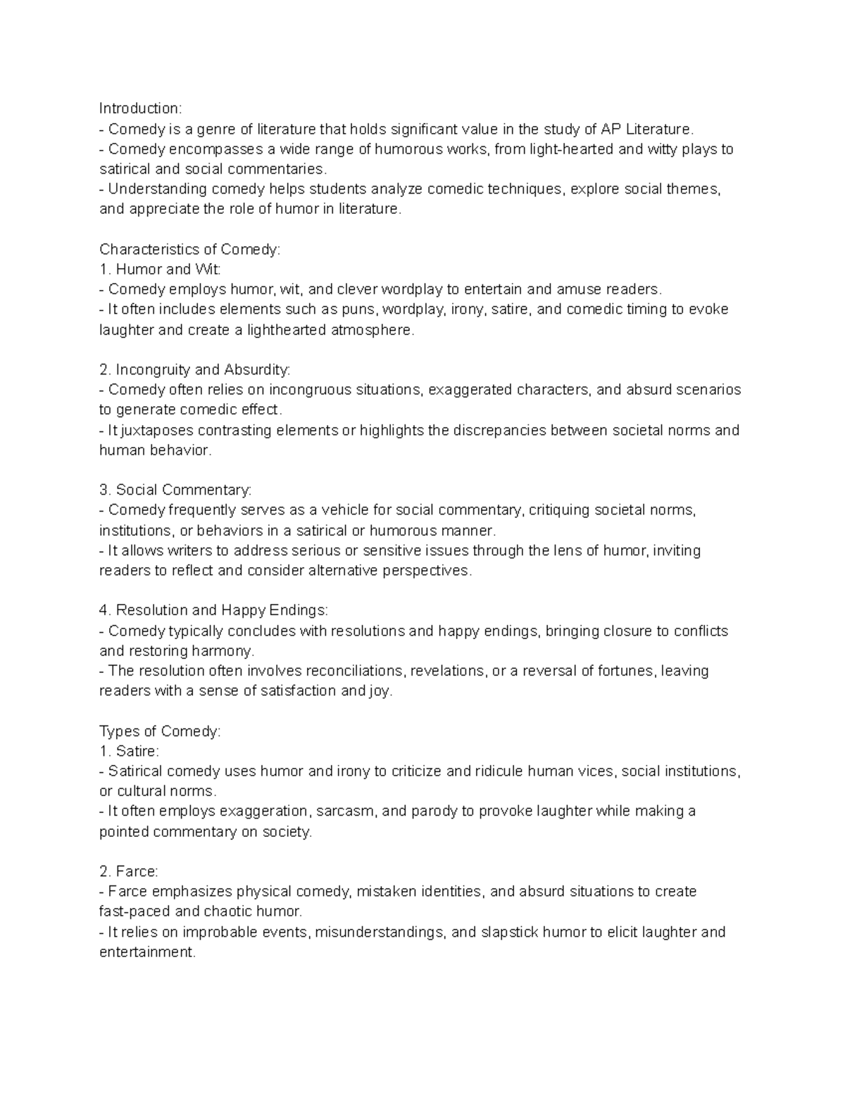 Comedy in AP Literature - Introduction: Comedy is a genre of literature ...