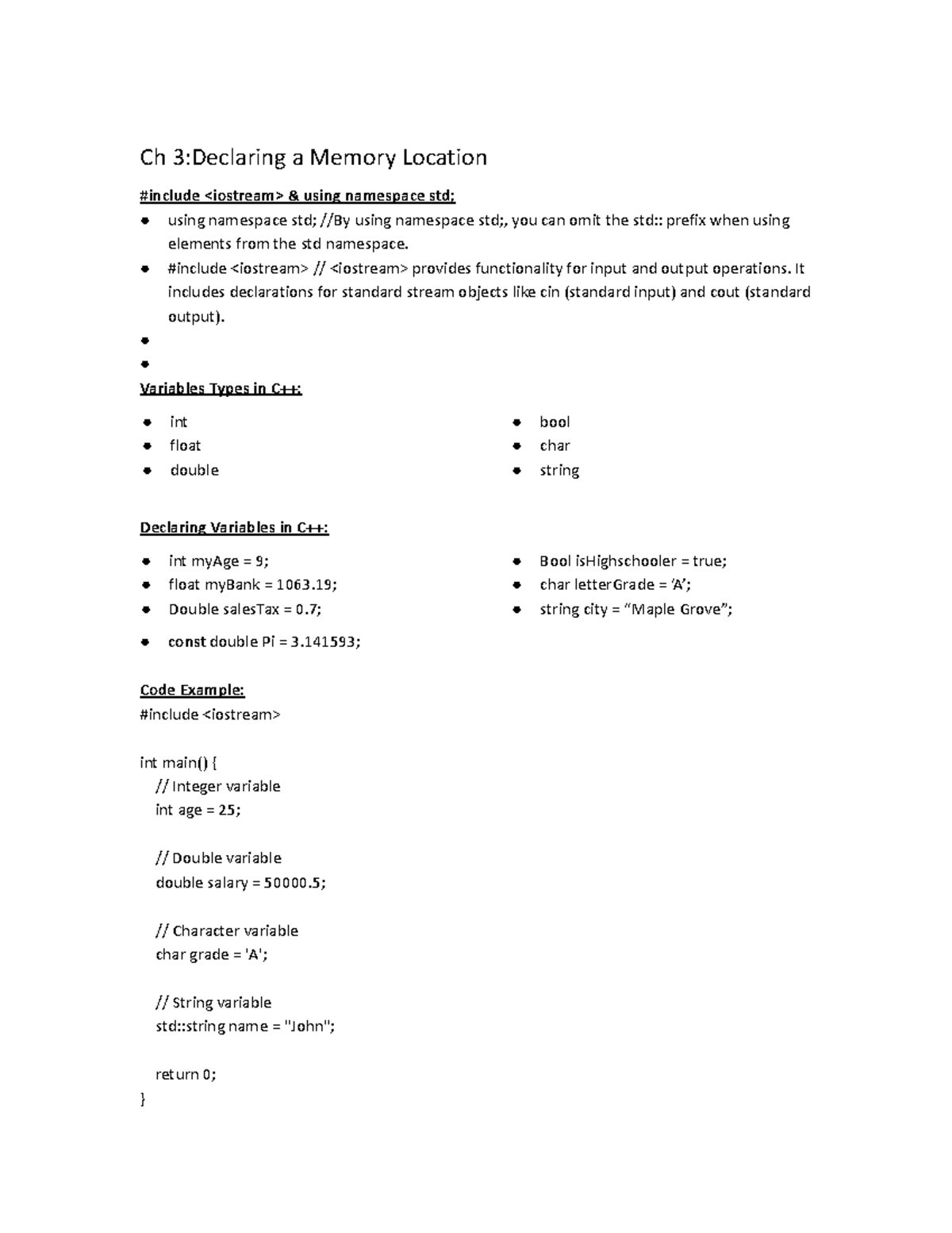 C++ Full Notes - Ch 3:Declaring a Memory Location #include & using ...