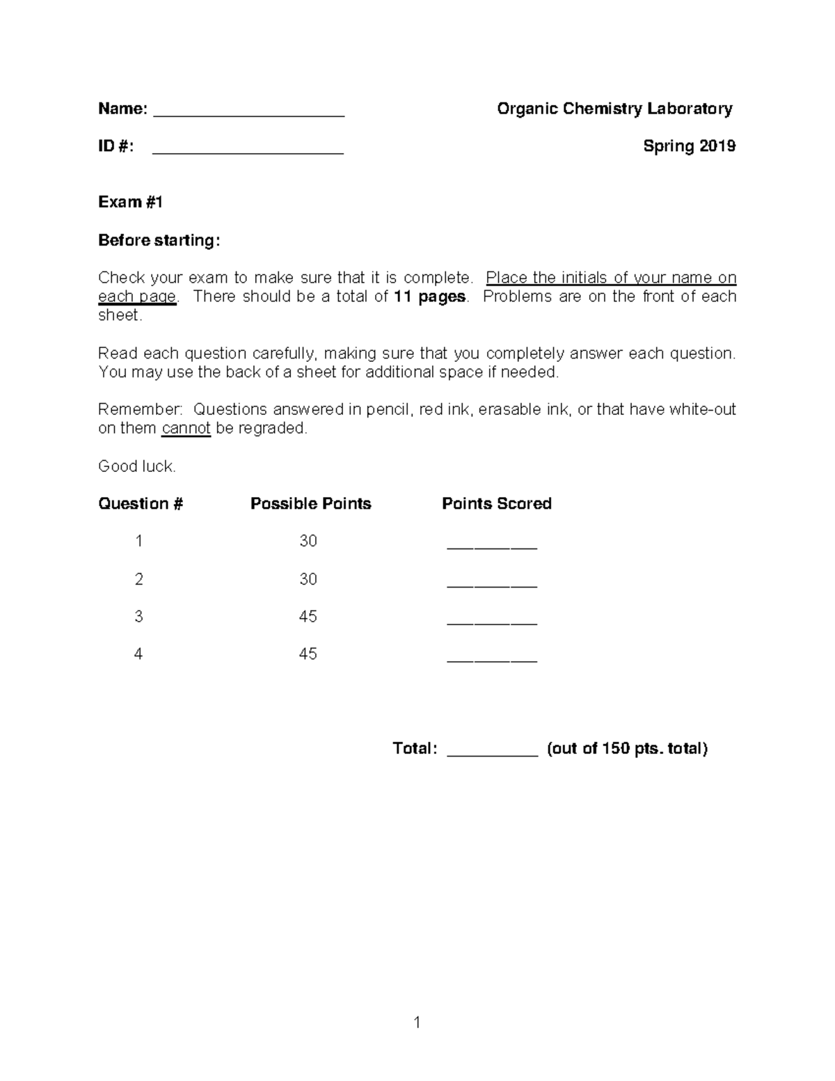 Practice exam 1 Spring 2020 - Name: _____________________ Organic ...