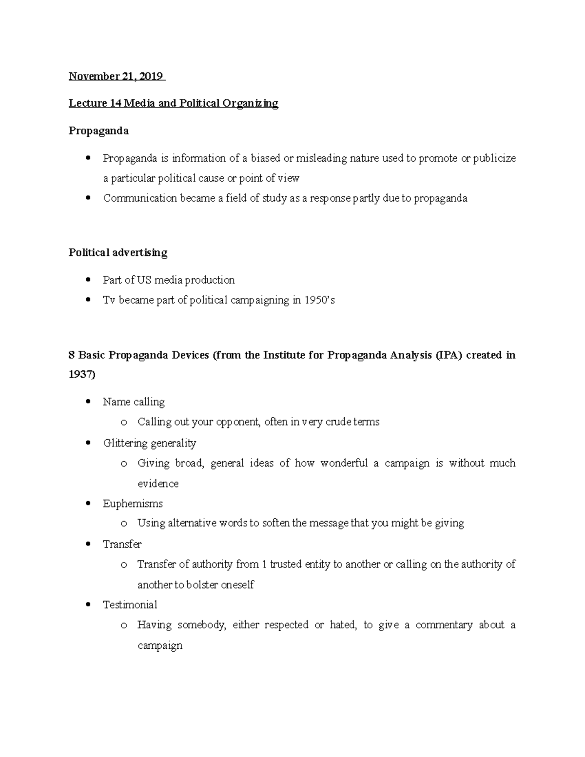 Class Notes Nov 21, 2019 - November 21, 2019 Lecture 14 Media and ...