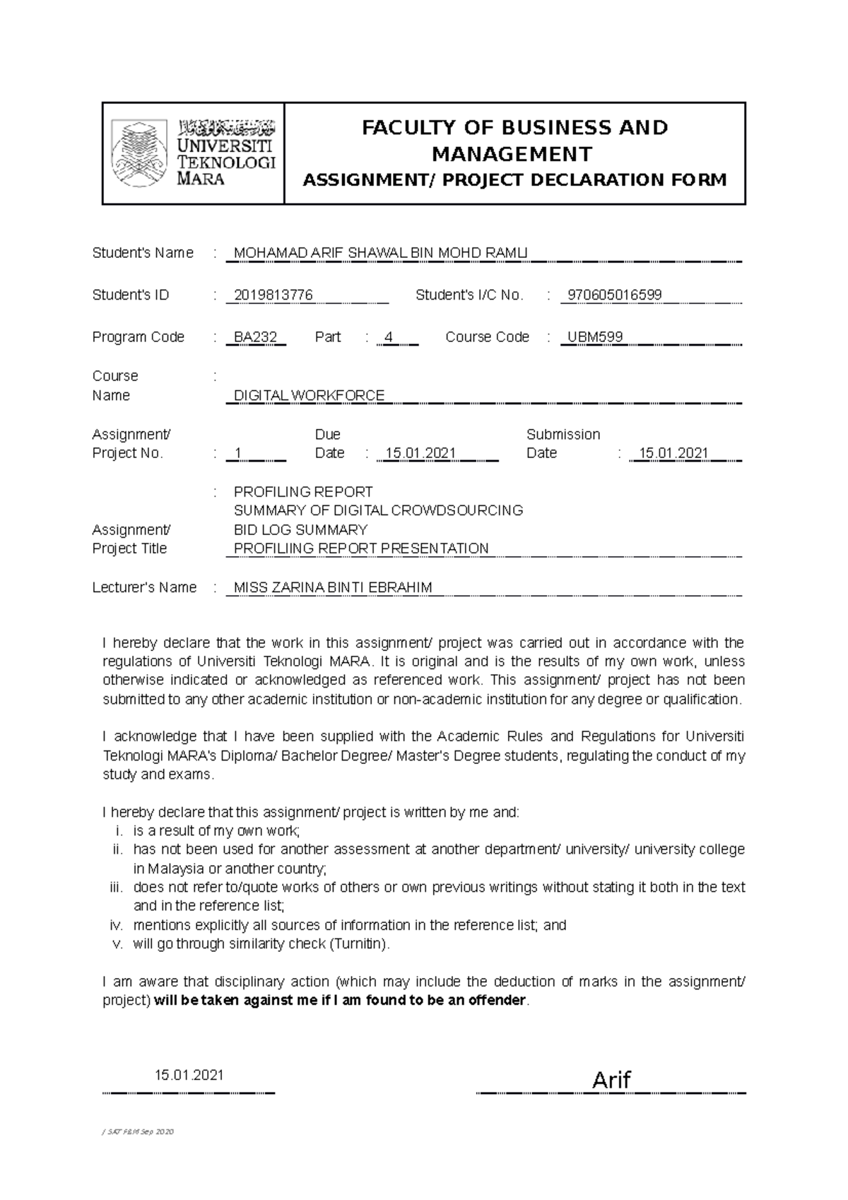 Assignment Project Declaration Form - Arif - FACULTY OF BUSINESS AND ...
