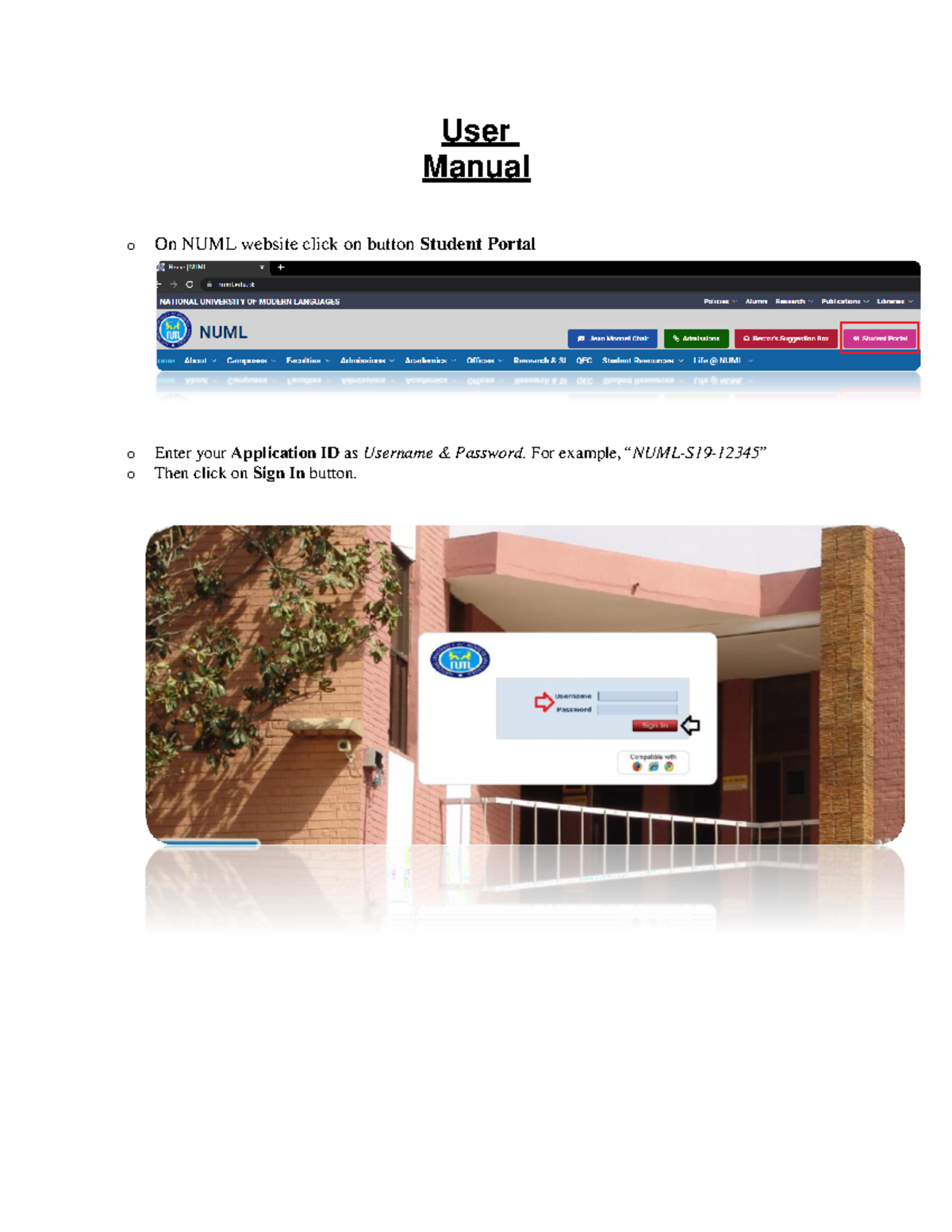 Student User Guide-V-1.1 - User Manual o On NUML website click on ...