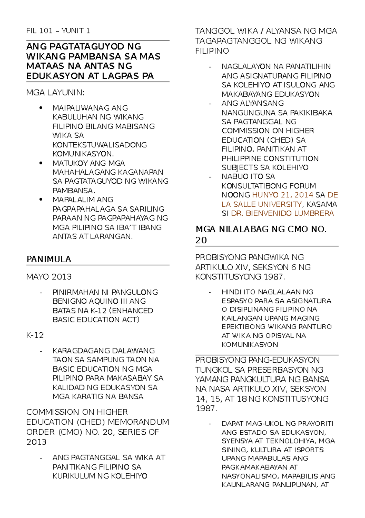 FIL 101 Reviewer - For Upload - FIL 101 – YUNIT 1 ANG PAGTATAGUYOD NG ...