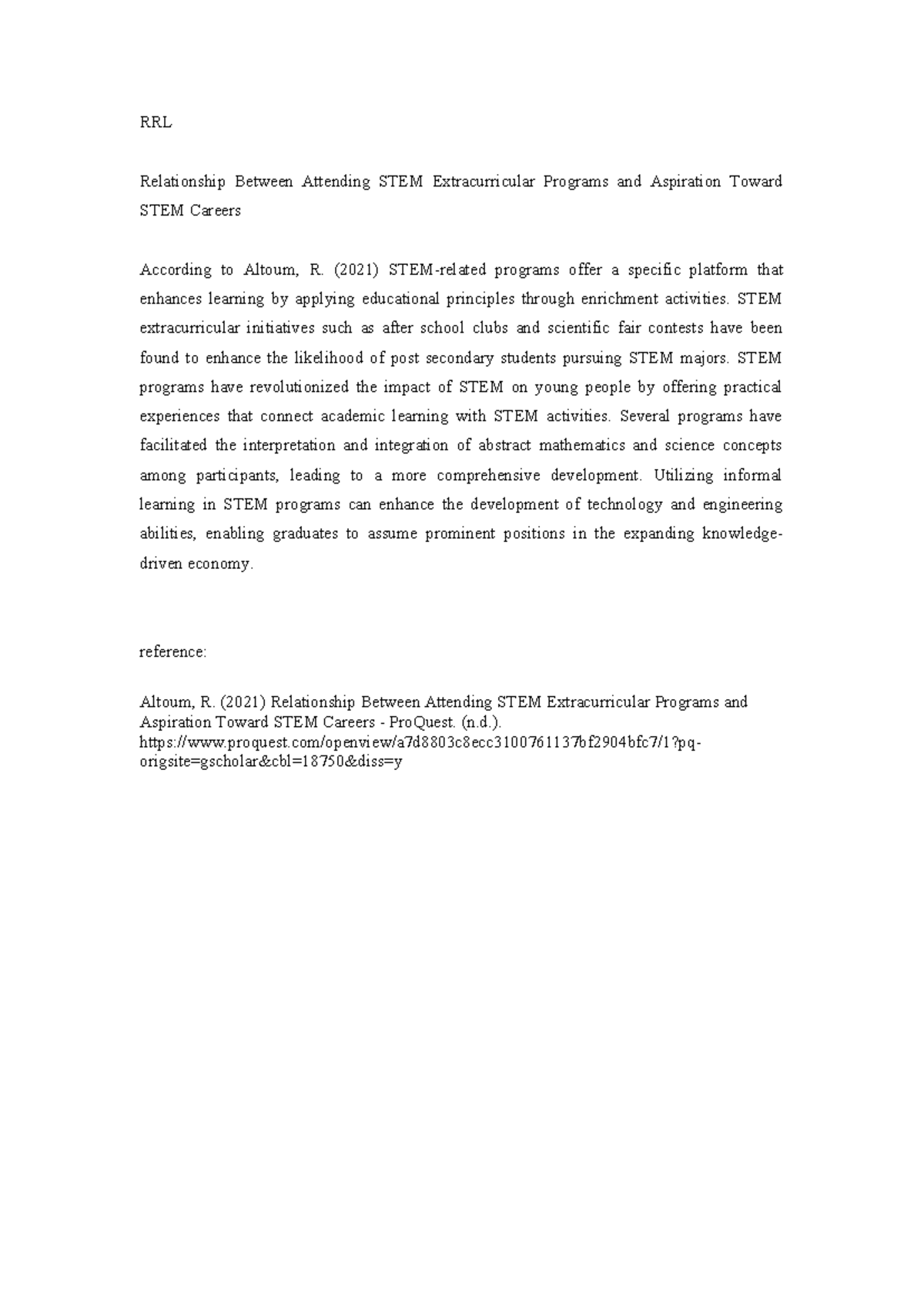 RRL example STEM strand - RRL Relationship Between Attending STEM ...