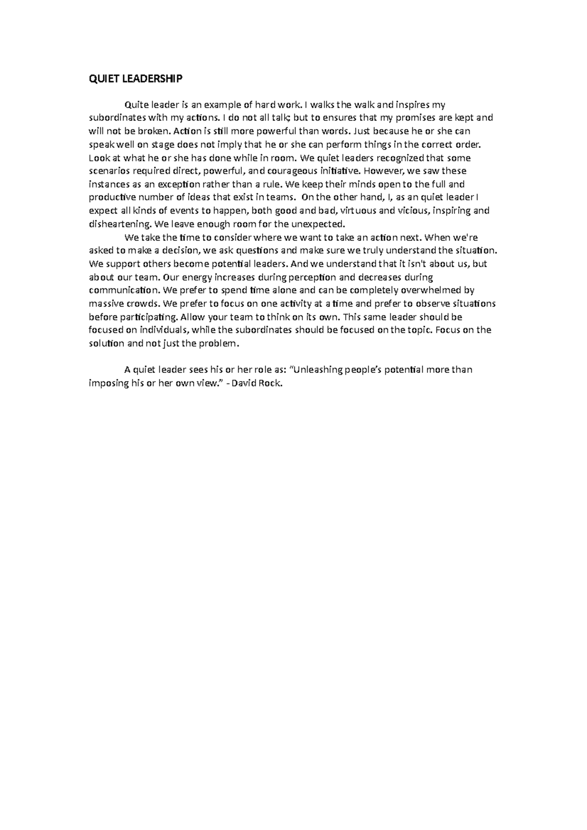 Quiet Leadership - N/A - QUIET LEADERSHIP Quite leader is an example of ...