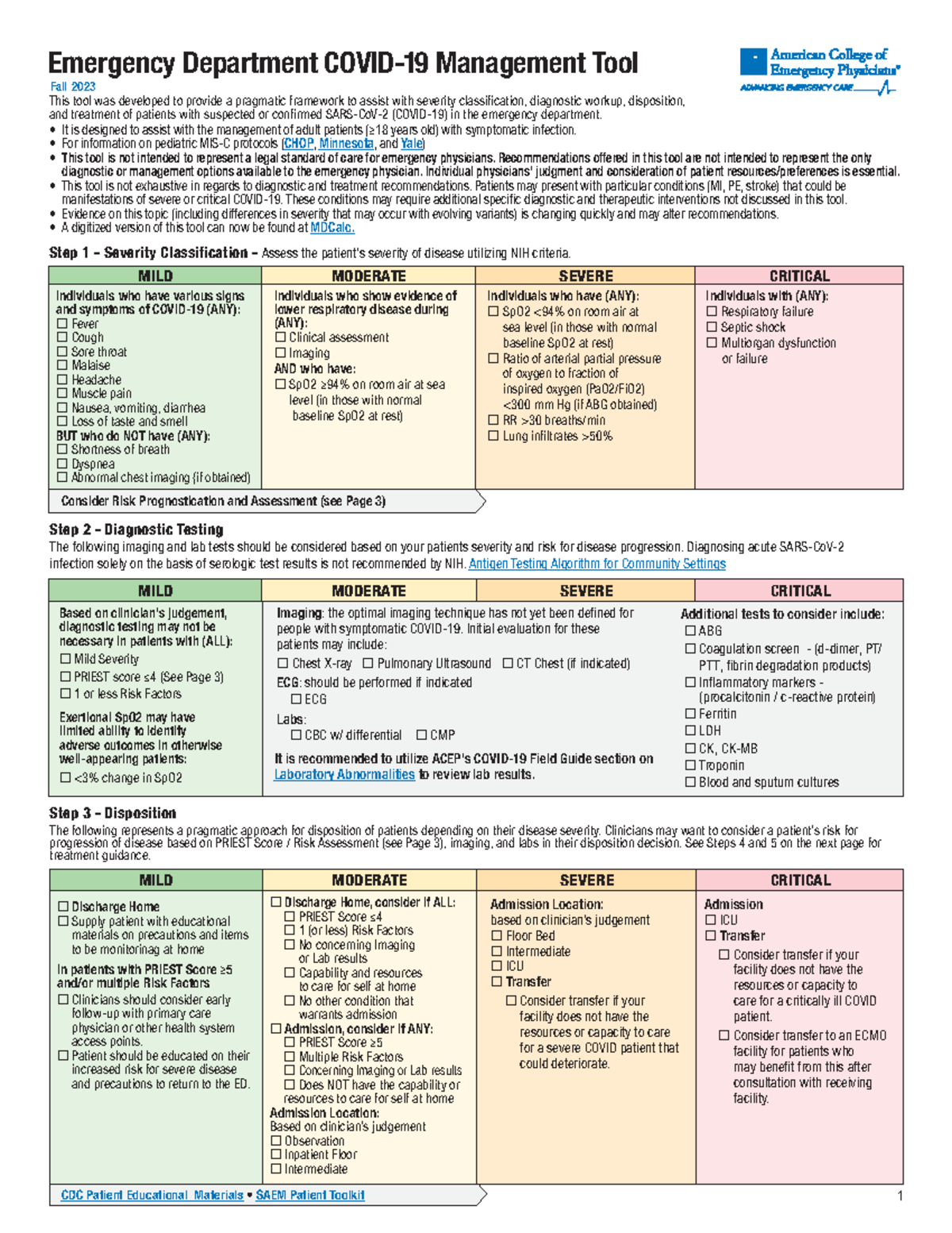 Acep covid 19 ed management tool - Fall 2023 CRITICAL Individuals with ...