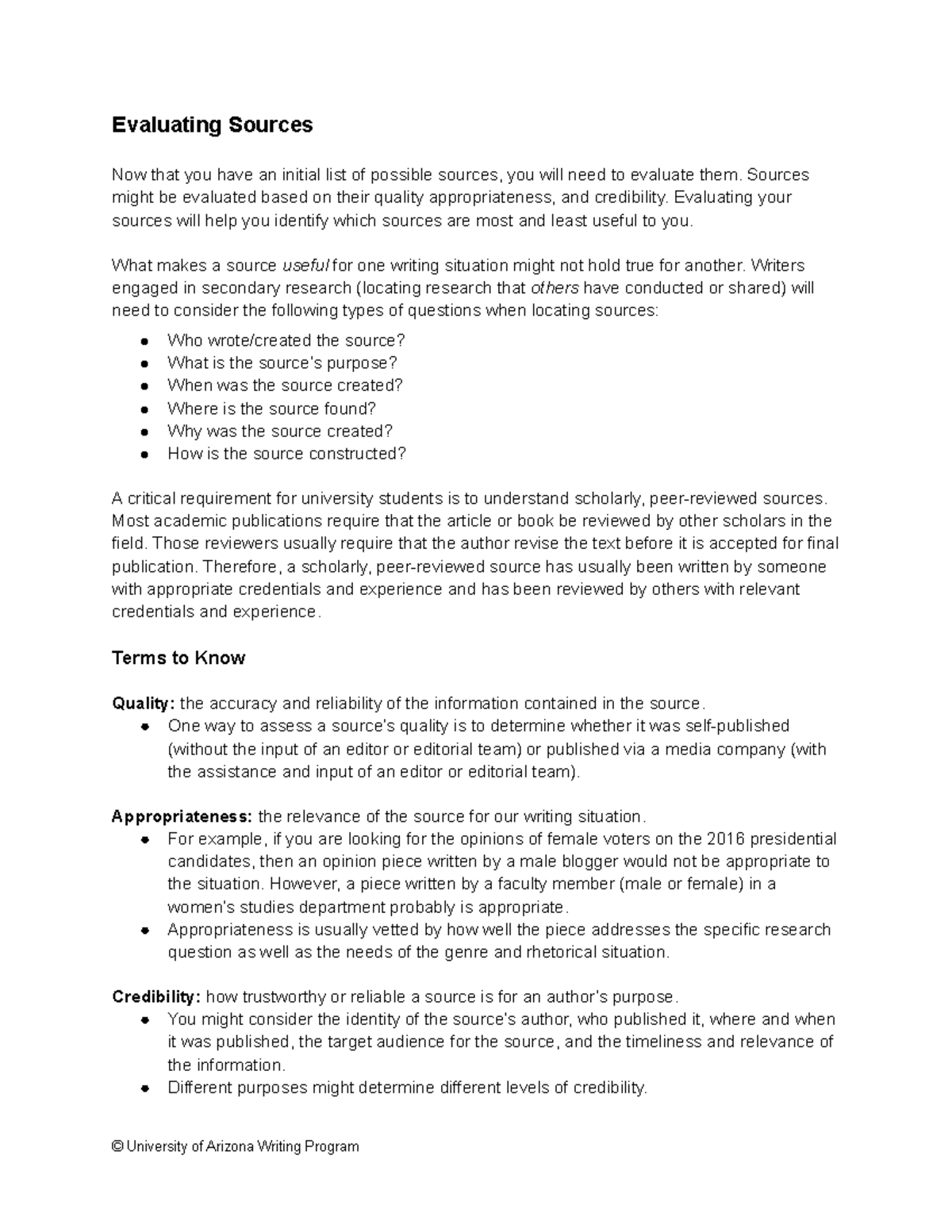 Evaluating Sources - Ejericios para el proyecto 2 - Evaluating Sources ...