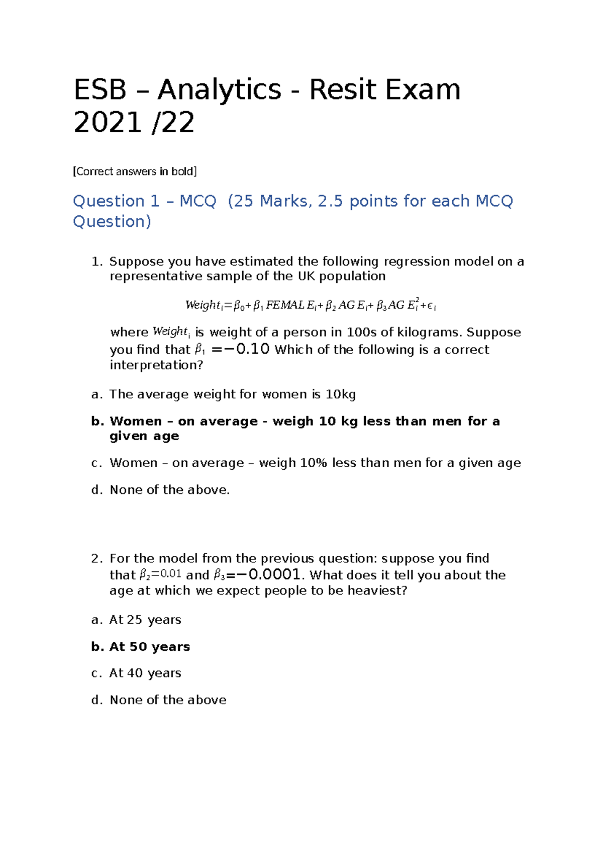 ESB2021 resit with solution - ESB – Analytics - Resit Exam 2021 / [Correct answers in bold ...