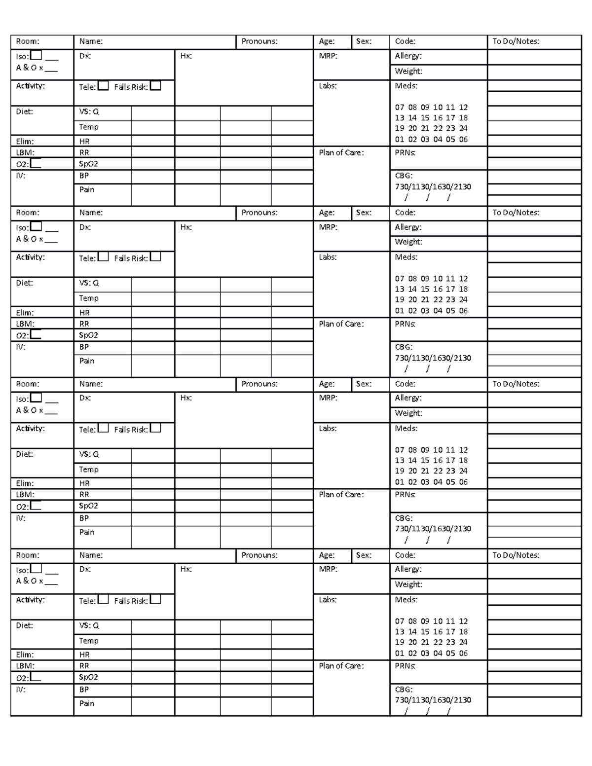 TOA Sheet - Room: Name: Pronouns: Age: Sex: Code: To Do/Notes: Iso ...