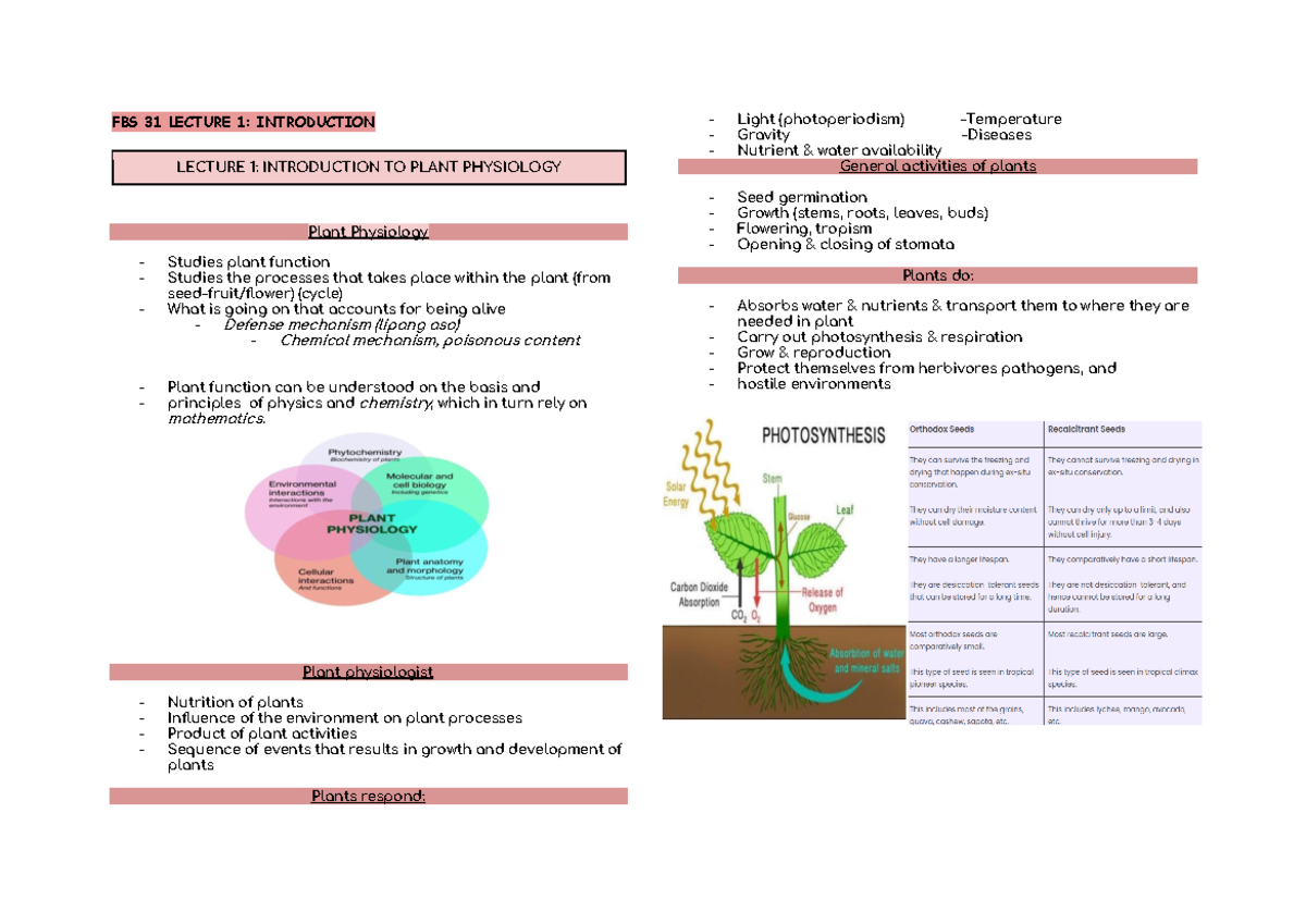 PHYSIOLOGY PLANT - FBS 31 LECTURE 1: INTRODUCTION LECTURE 1 ...