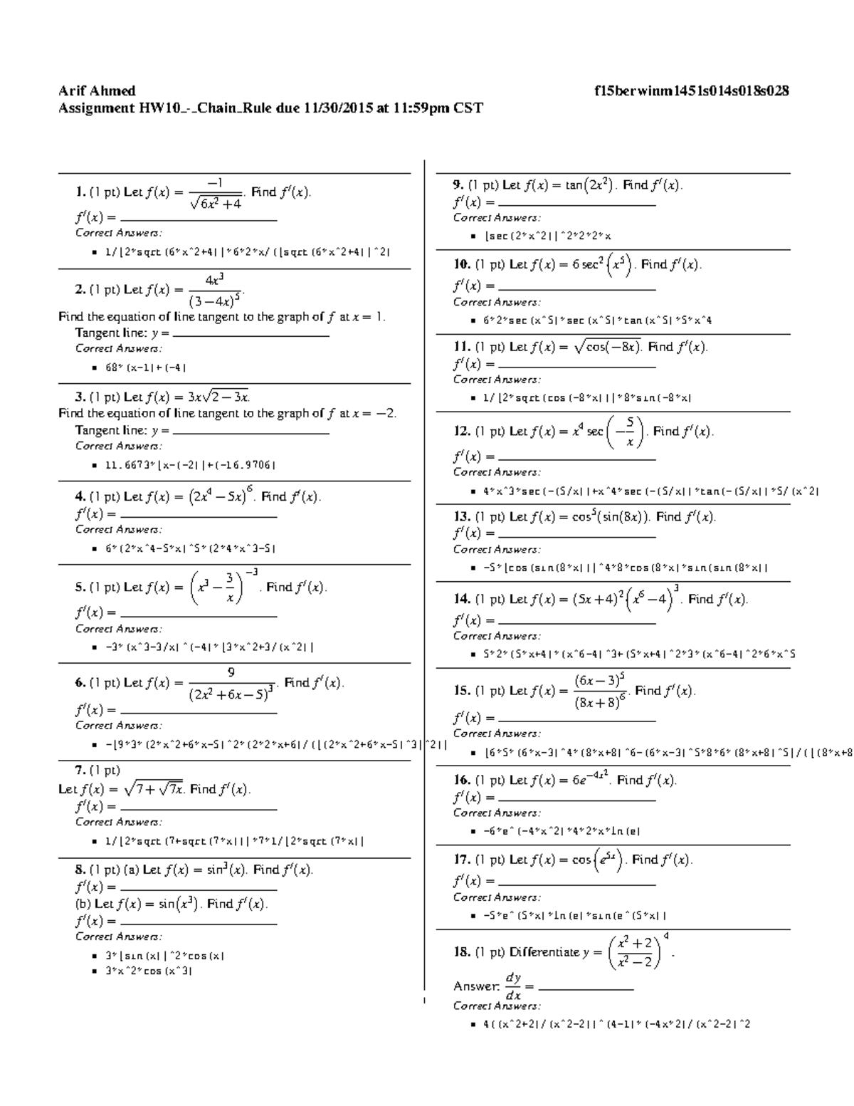 HW10 - Chain Rule - This is the homework set number 10 with answers for practice materials ...