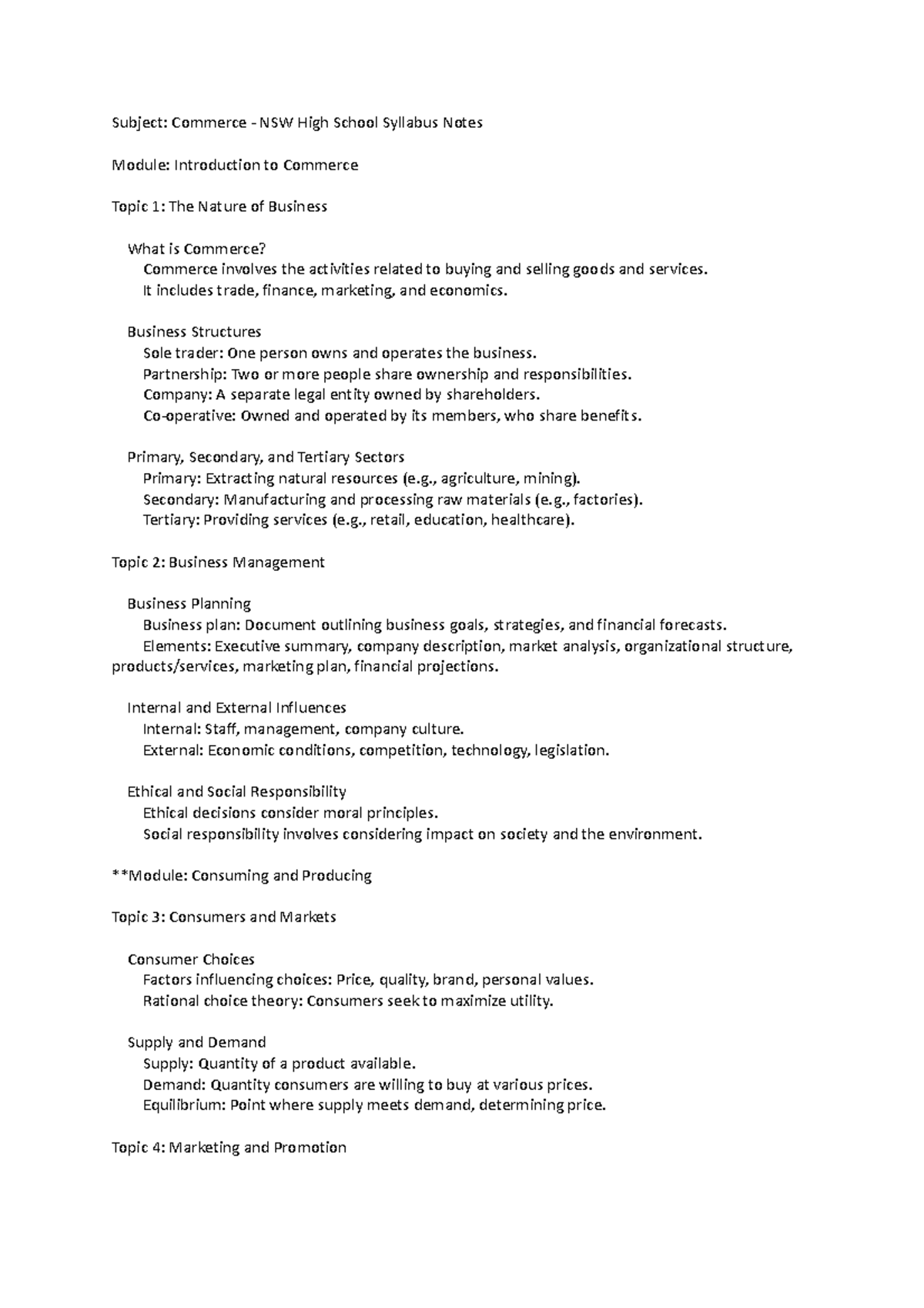 Commerce Notes 1 - Subject: Commerce - NSW High School Syllabus Notes ...