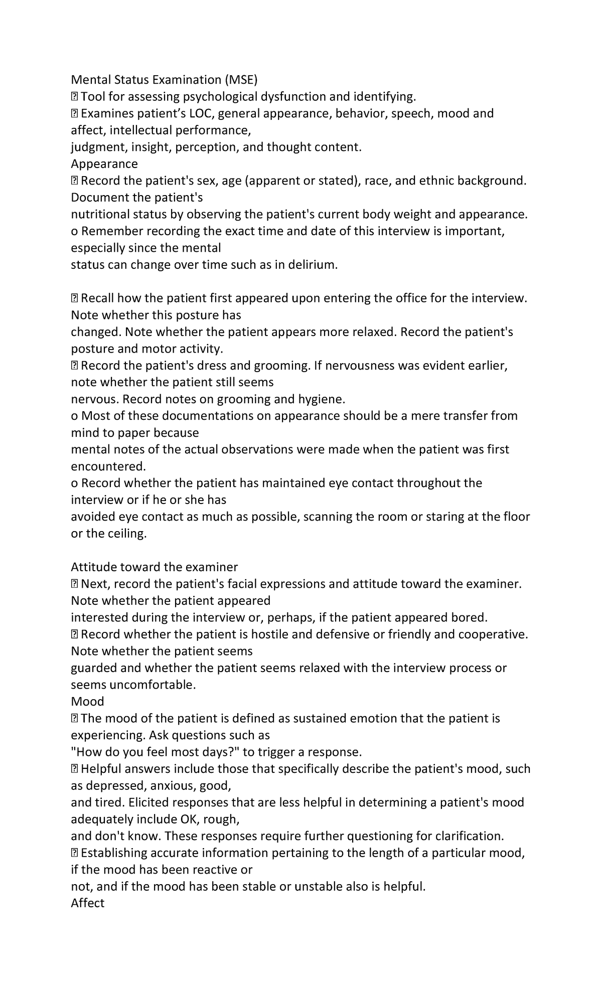 Nursing 1 - Mental Status Examination (MSE) Tool for assessing ...