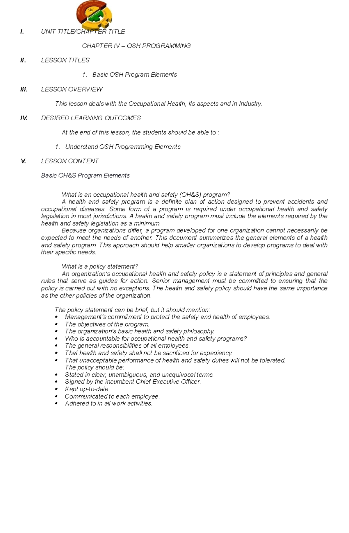 BOSH 4 - This lesson deals with the Occupational Health, its aspects ...