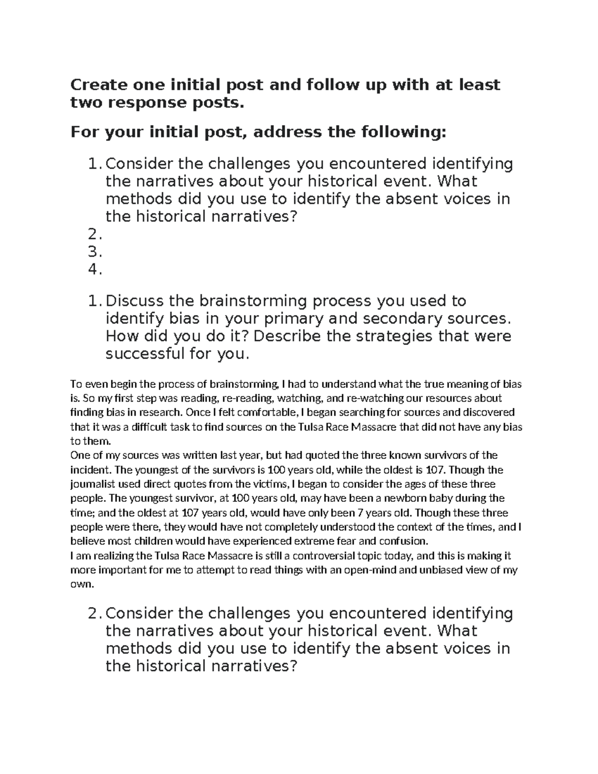 HIS 100 5.1 discussion - Create one initial post and follow up with at ...