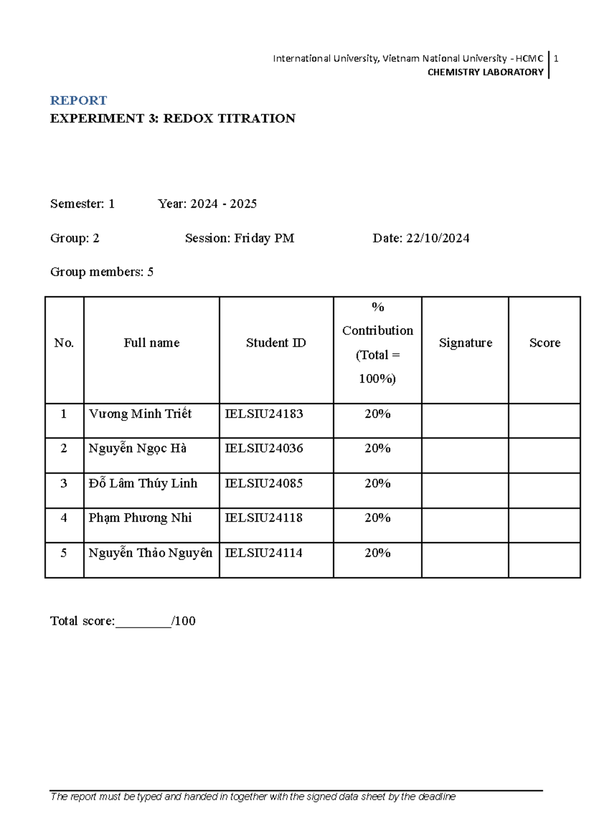 Chem Lab - Report 3 Guideline - CHEMISTRY LABORATORY REPORT EXPERIMENT ...