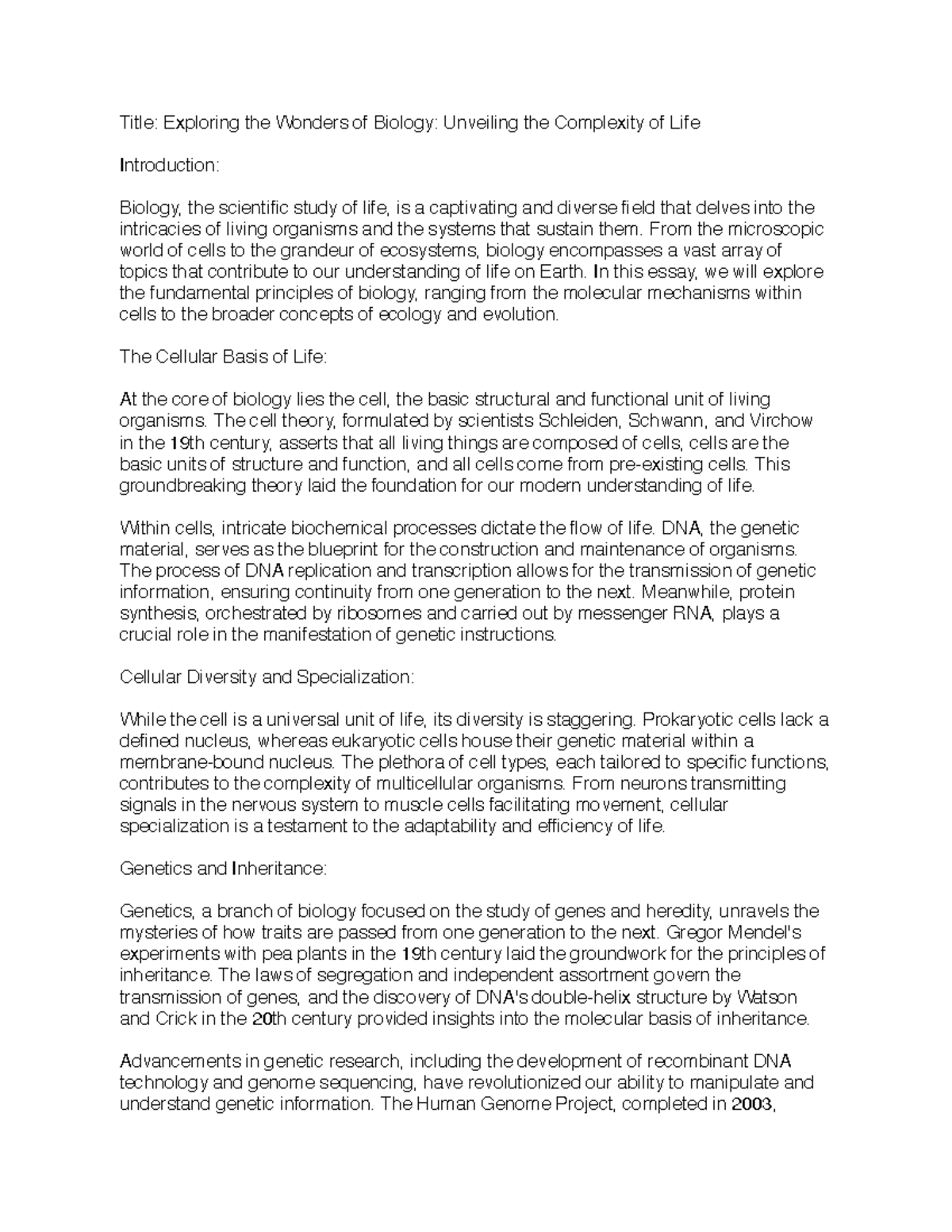 Bio 123 - Answers to HW1 - Title: Exploring the Wonders of Biology ...