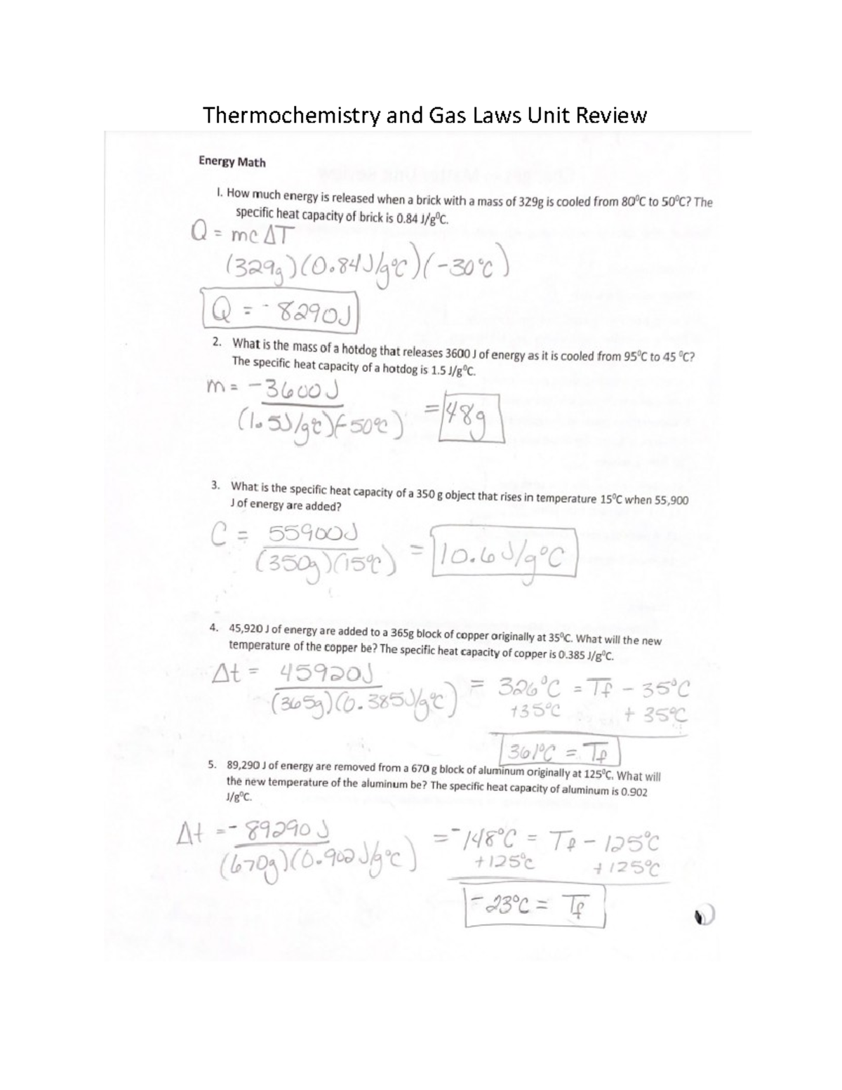 Thermochemistry and Gas Laws Unit Review Key - Studocu