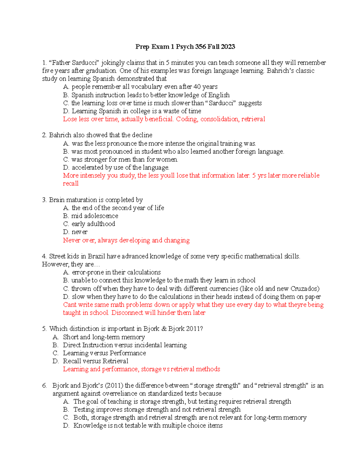 Psych 356 Prep Exam1 2023 without correct answers - Prep Exam 1 Psych ...