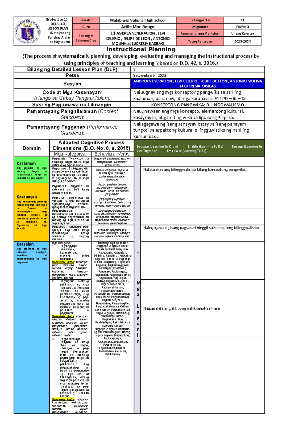 Detailed PLAN 5 - ............... - Grades 1 to 12 DETAILED LESSON PLAN ...