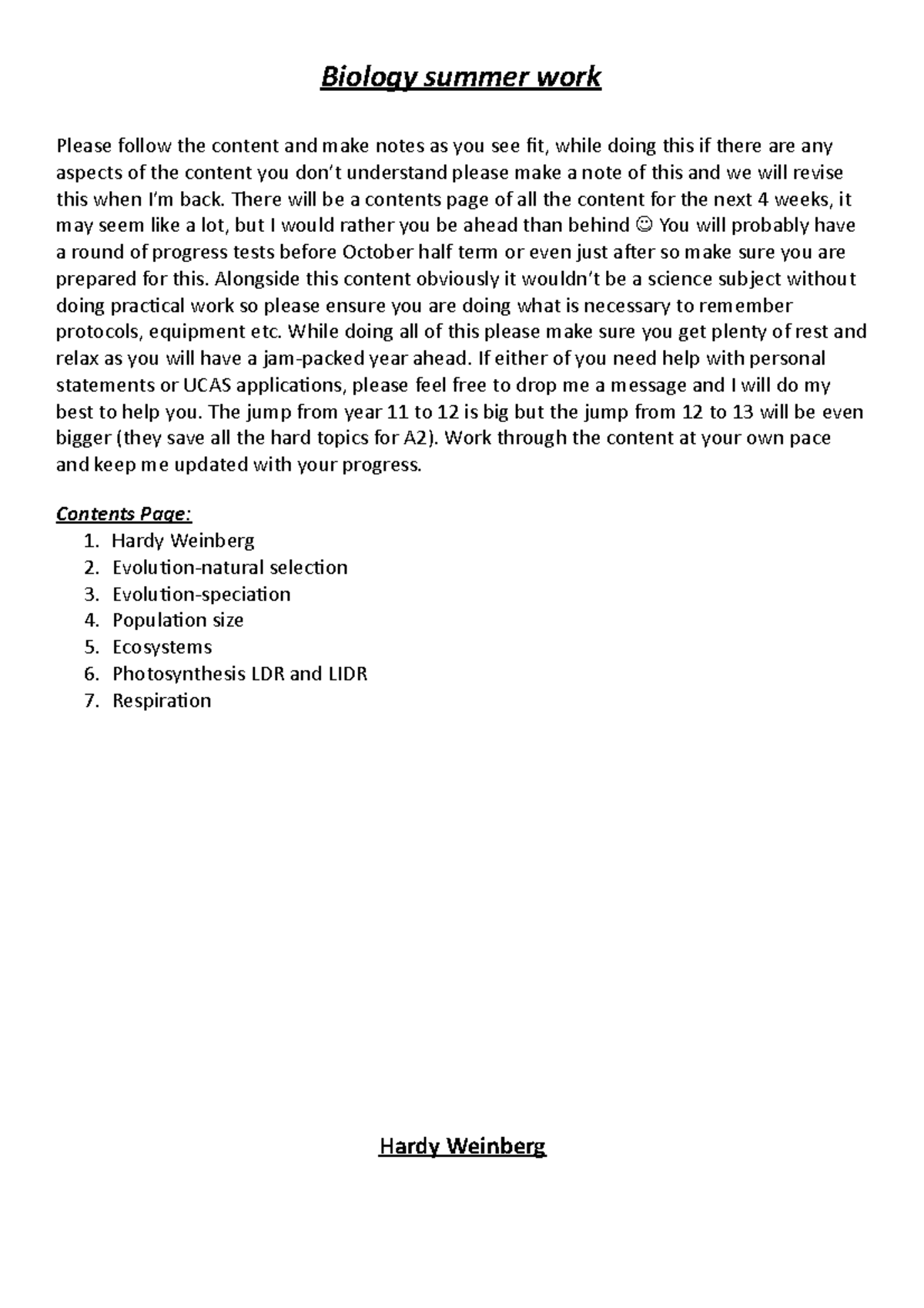 Biology summer work - bio work - Biology summer work Please follow the ...