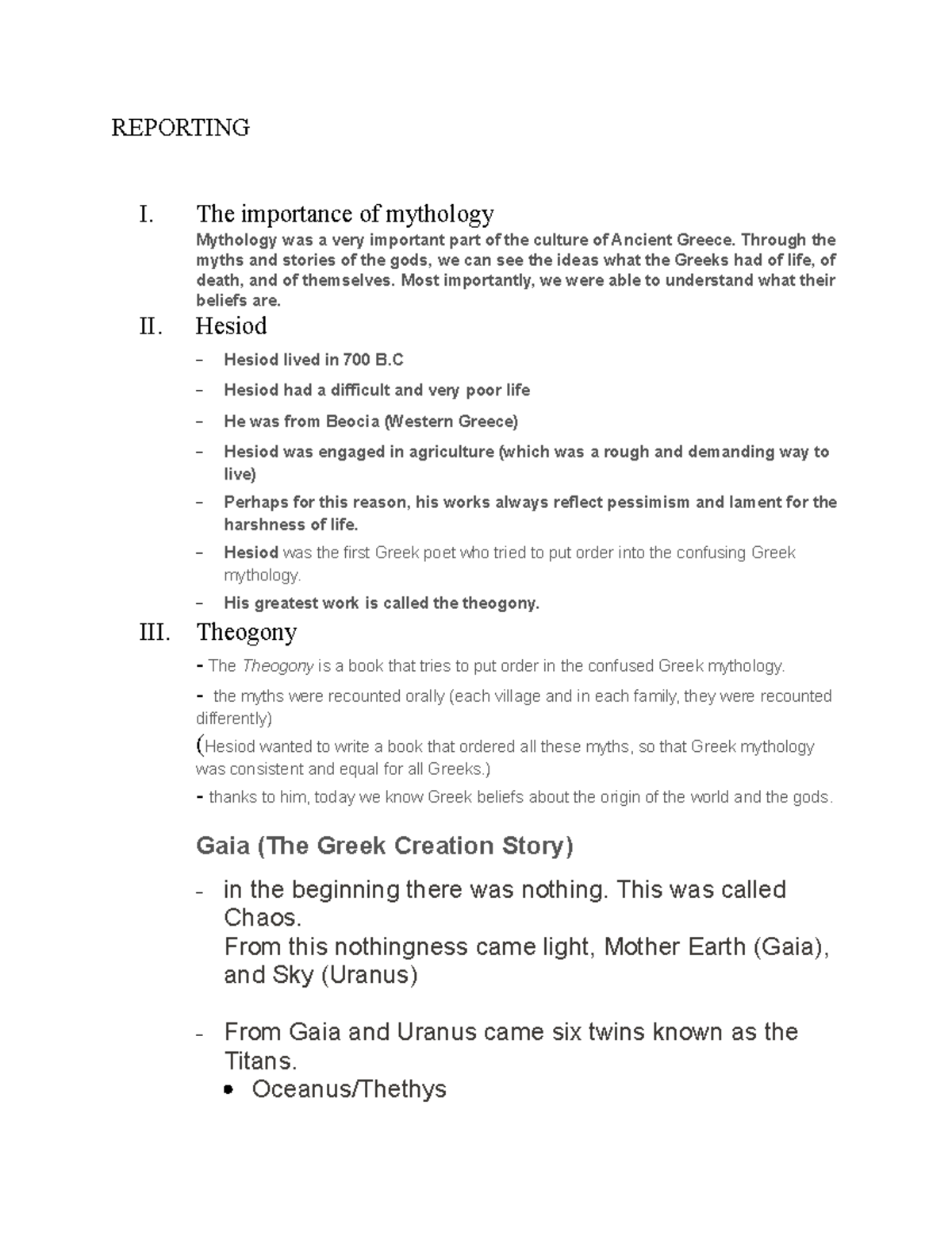 Mythology - REPORTING I importance of mythology Mythology was a very ...