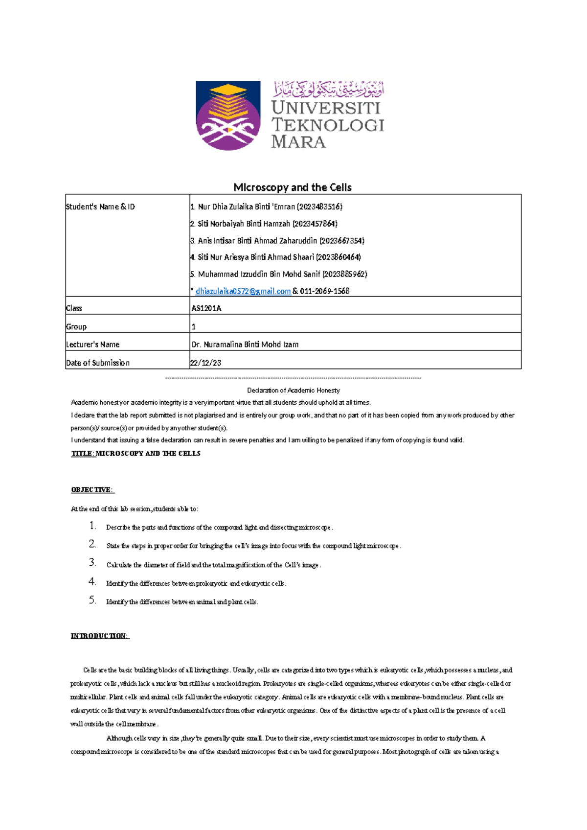 BIO122 LAB Report EXP 1 DONE - BIO HISTOLOGY OF CELLS AND TISSUES LABORATORY REPORT Experiment ...