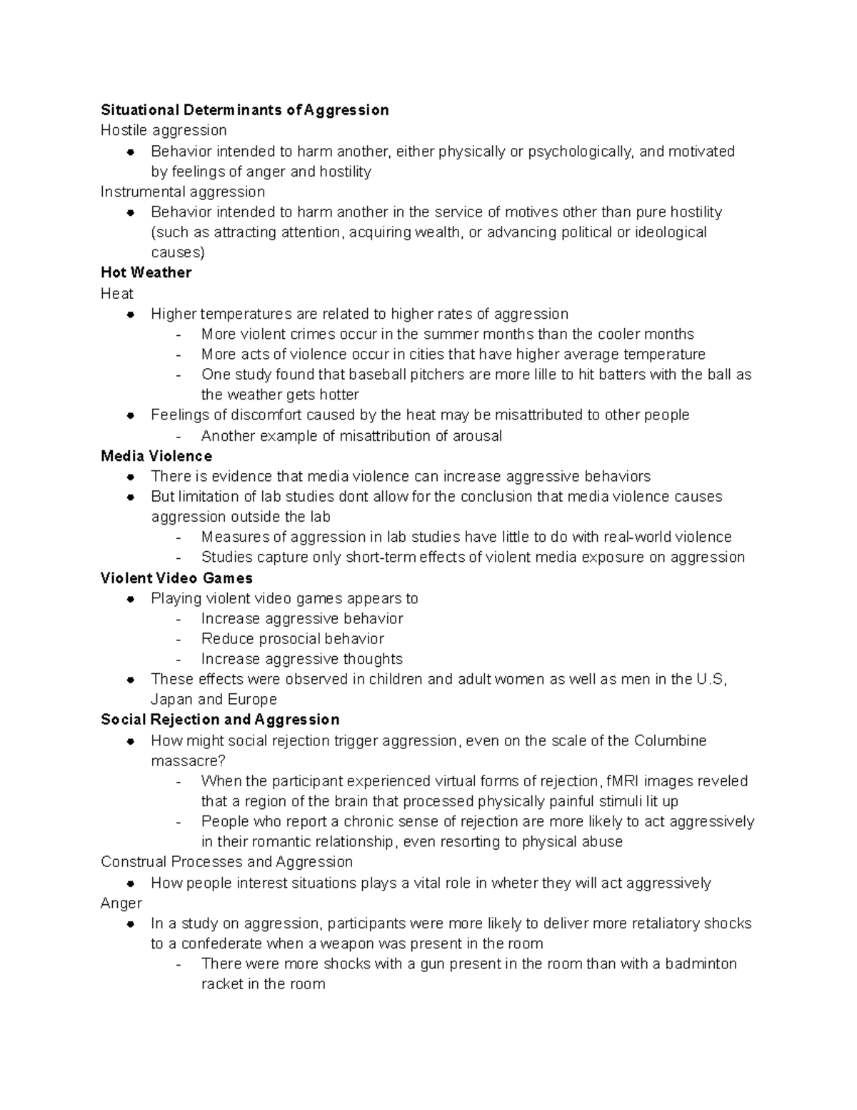Ch. 13 - Aggression - Situational Determinants of Aggression Hostile ...