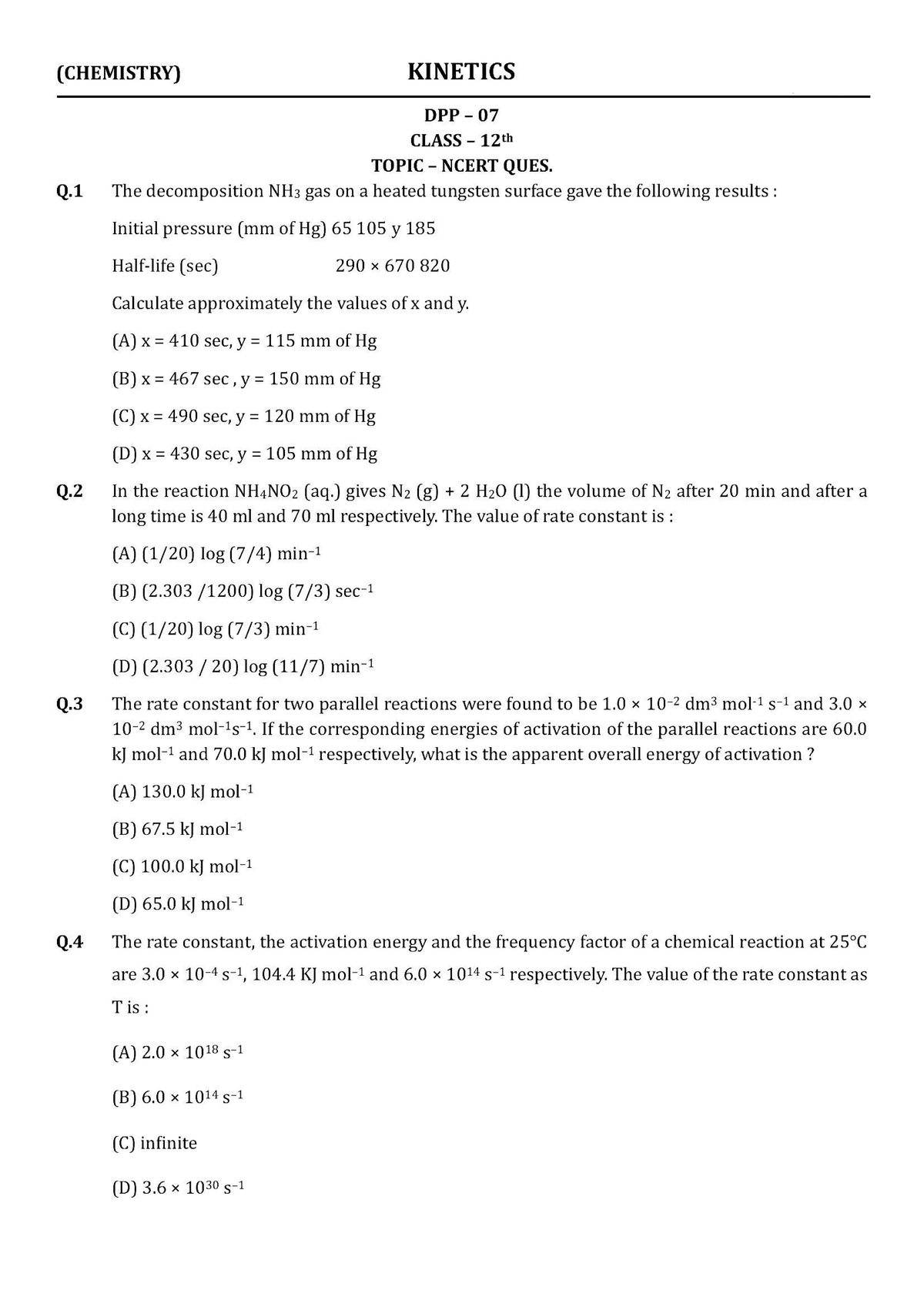 DPP 7 - CBSE 2024 - (CHEMISTRY) KINETICS DPP 07 CLASS 12th TOPIC NCERT ...