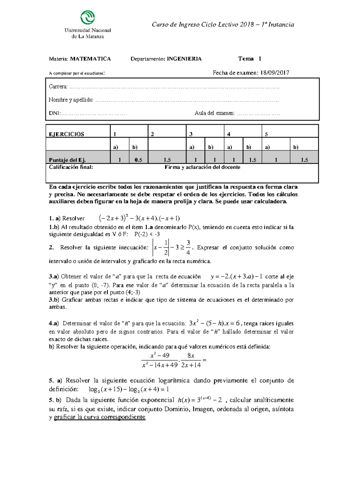 Examen de Matematica PRIM INST 2018 con Respuestas Final - Materia ...