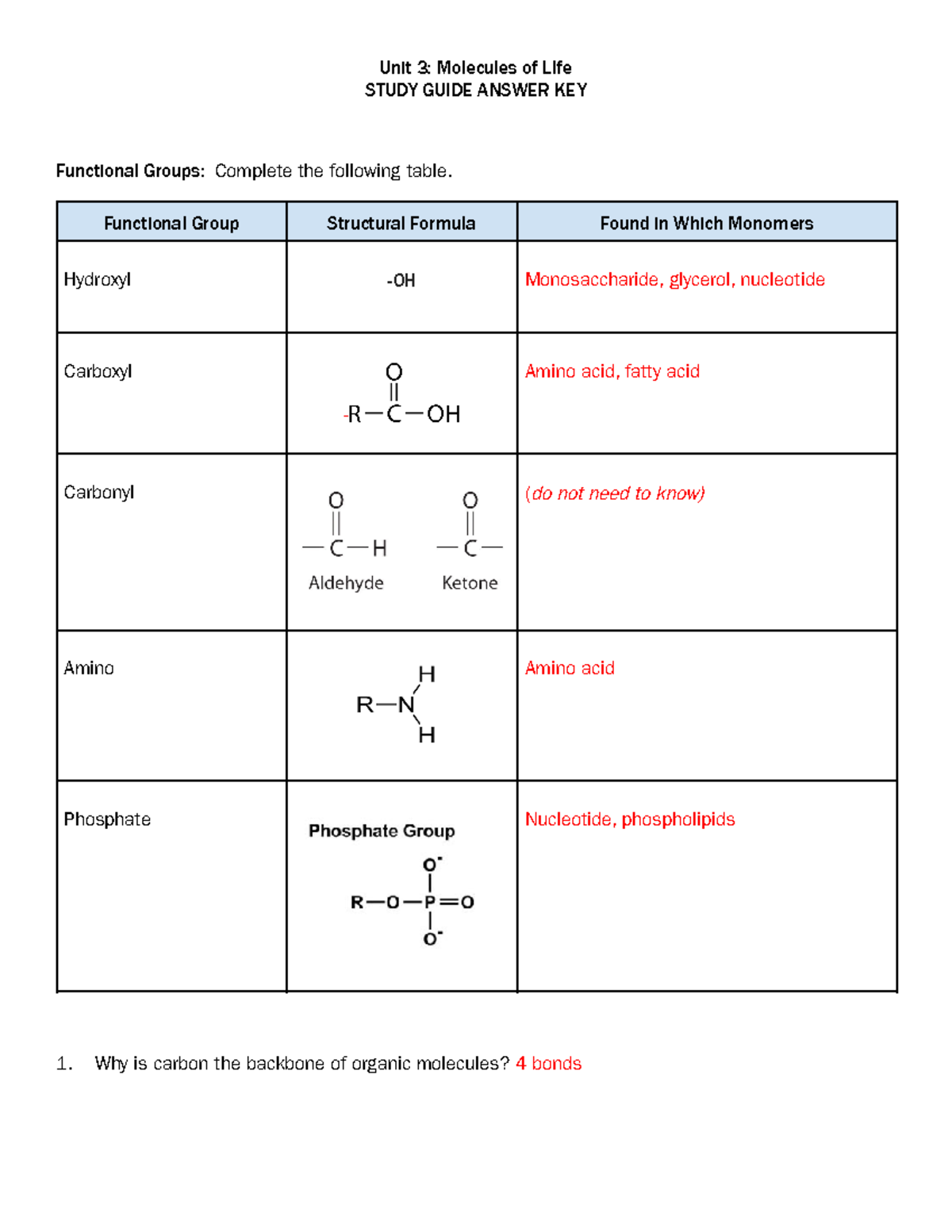 Unit+3 +Molecules+of+LIfe+ Study+ Guide+ Answer+KEY - Unit 3: Molecules ...