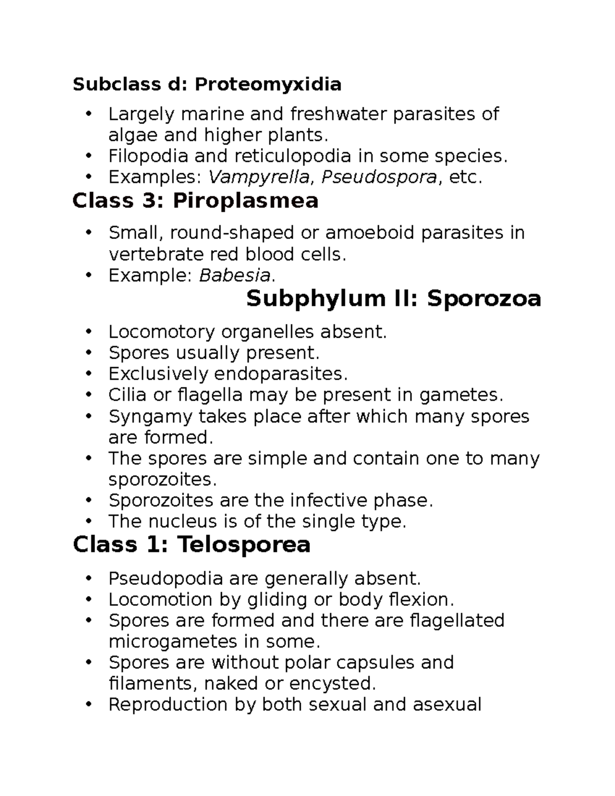 Bio 14 - notes - Subclass d: Proteomyxidia Largely marine and ...