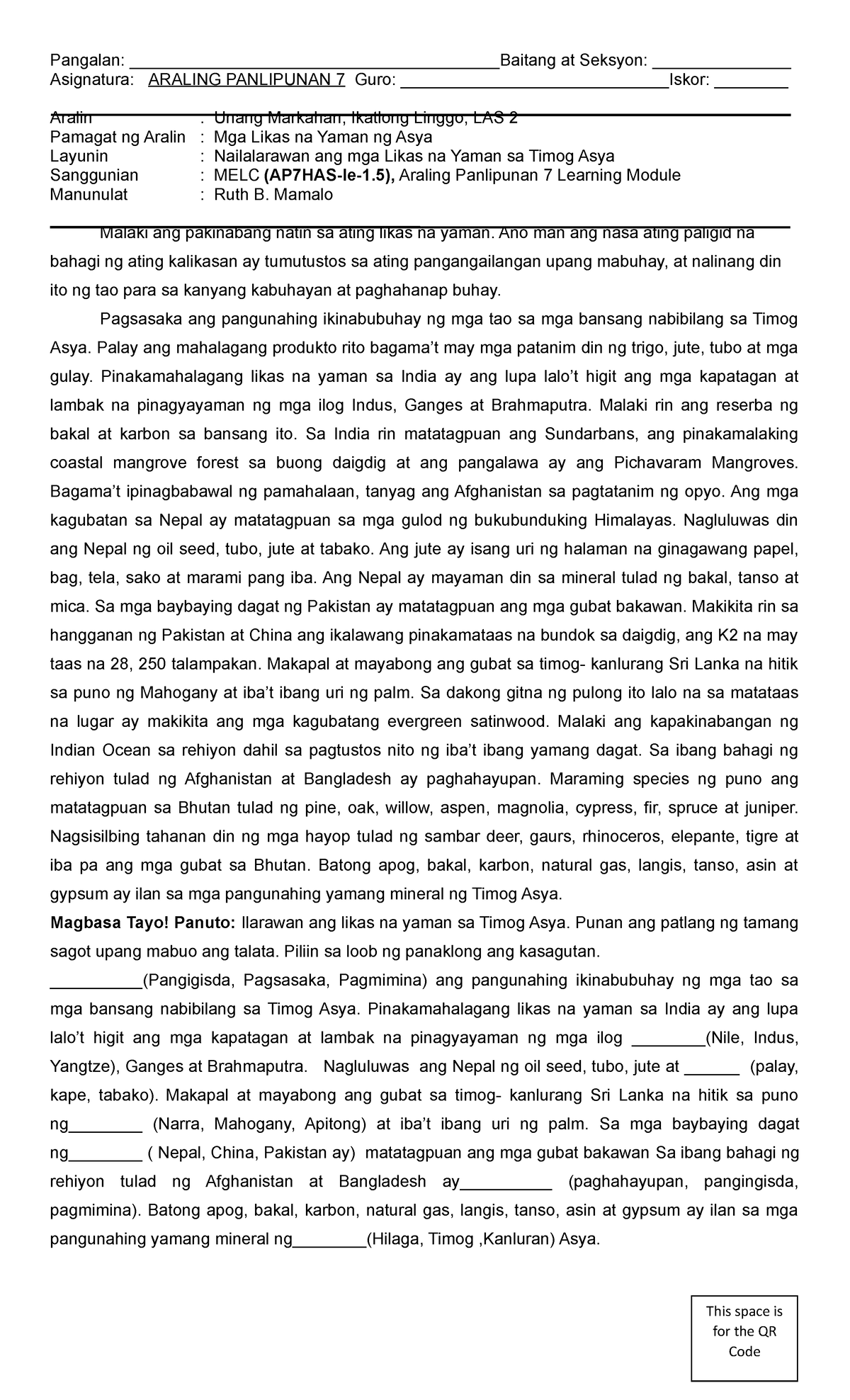 AP7 Q1 W3 LAS2 - Learning Activity Sheet in Araling Panlipunan Grade 7 ...