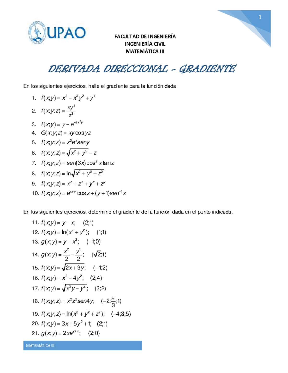 Ejercicios - Derivada Direccional - Gradiente - MATEMÁTICA III 1 ...