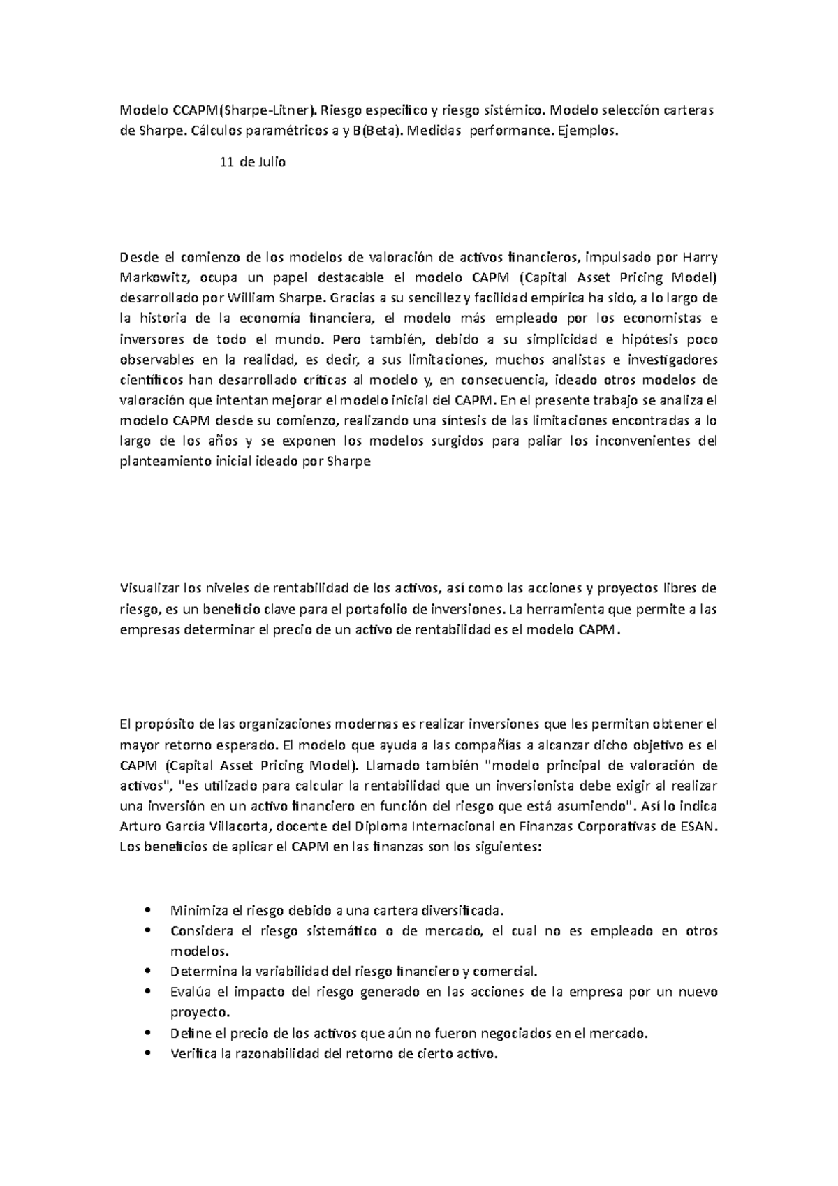 Modelo Ccapm - Modelo CCAPM(Sharpe-Litner). Riesgo especifico y riesgo ...