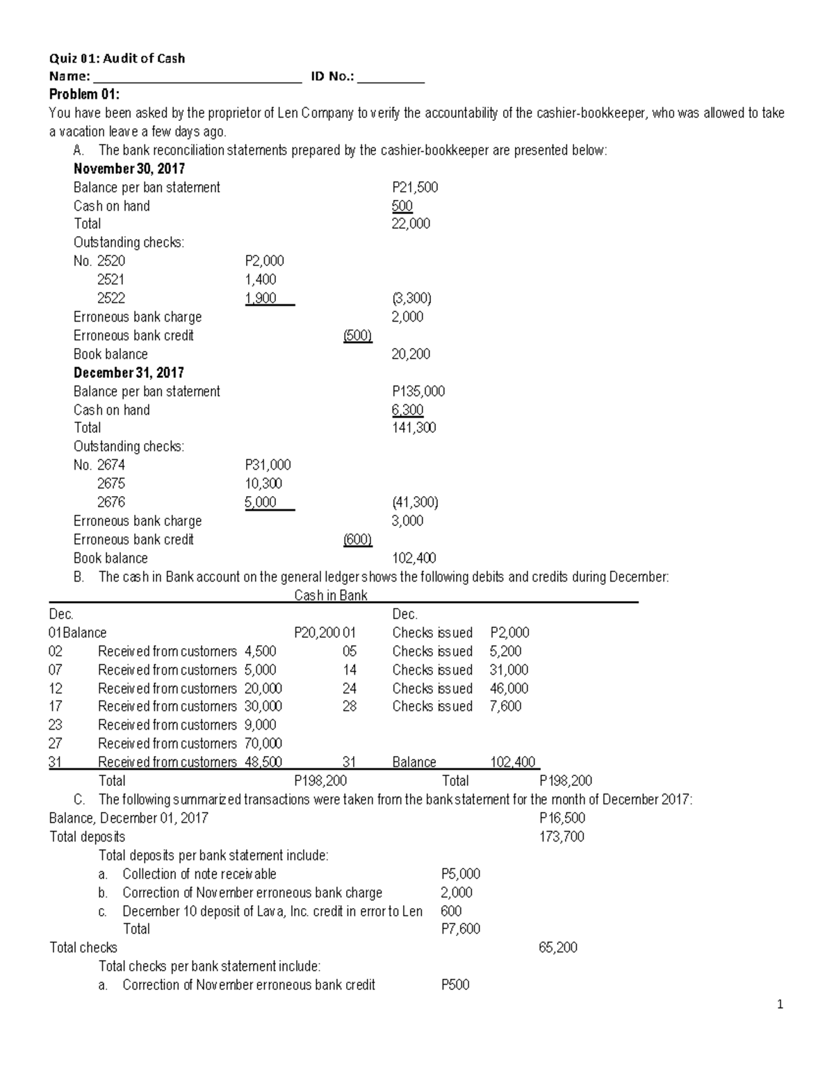 Auditing Assurance Principles Quiz w/ Answers - Quiz 01: Audit of Cash ...