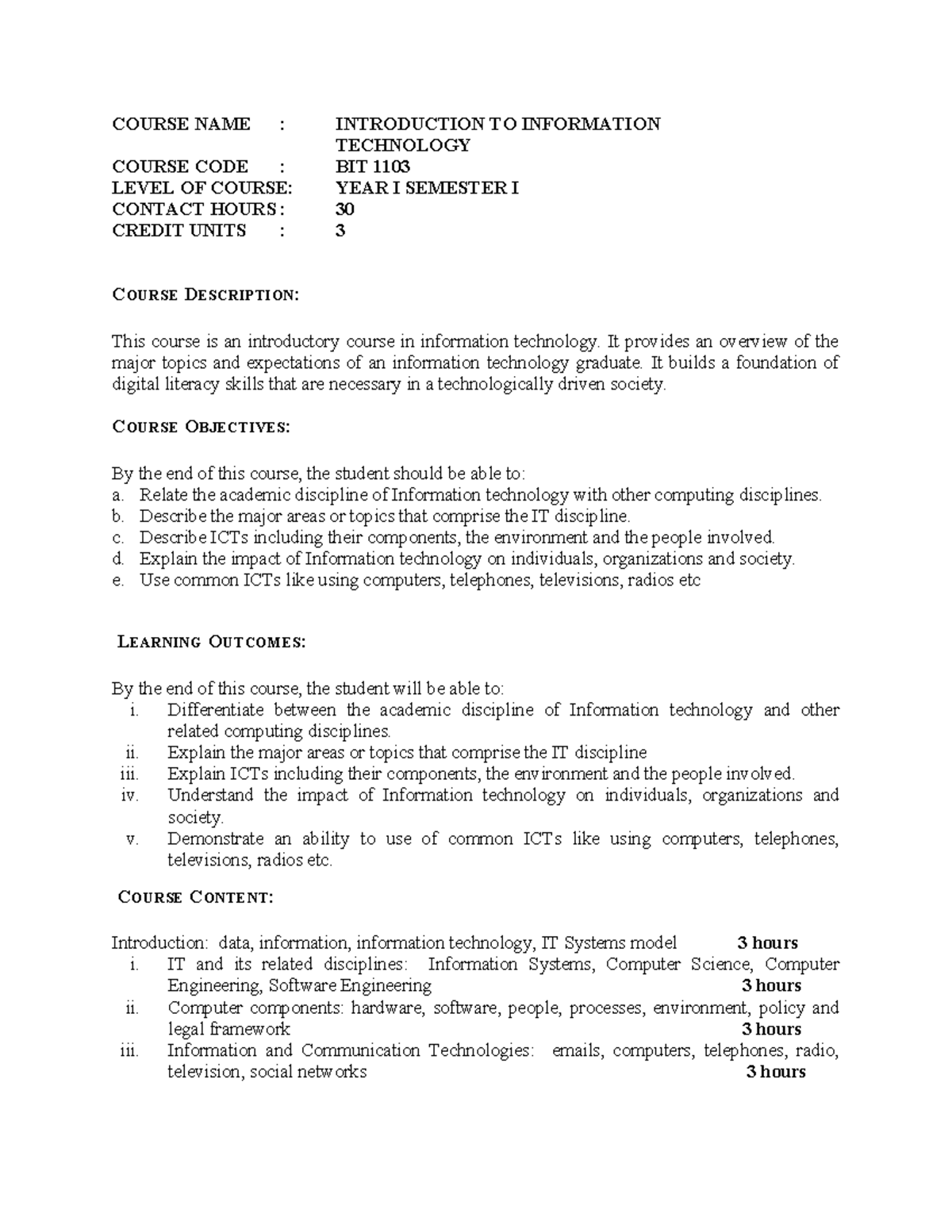 Course Outline BIT - Civil - COURSE NAME : INTRODUCTION TO INFORMATION ...