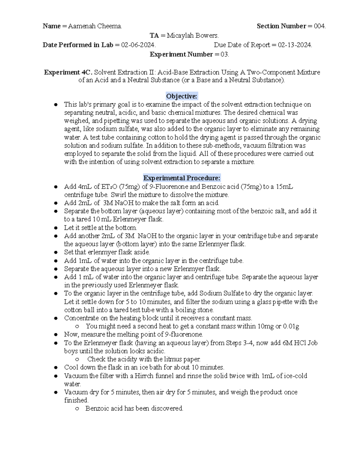 Experiment 4C - TA = Micaylah Bowers. Date Performed in Lab = 02-06 ...