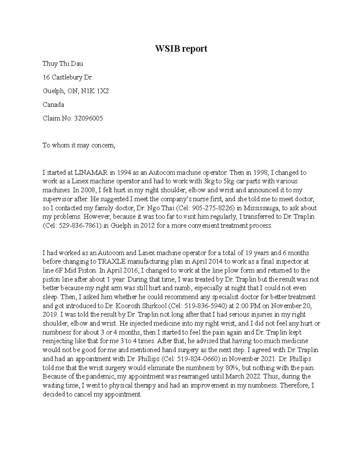 Wsibreport Thuy Dau - Chapter 1 - WSIB report Thuy Thi Dau 16 ...