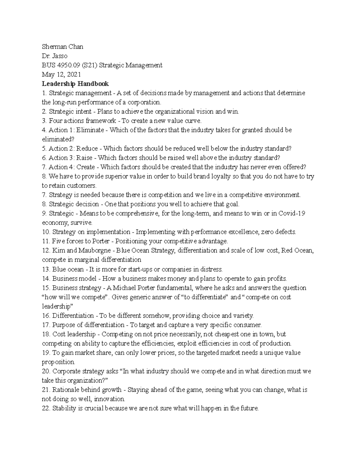 Leadership Handbook - Last coursework for the course, consists of what ...