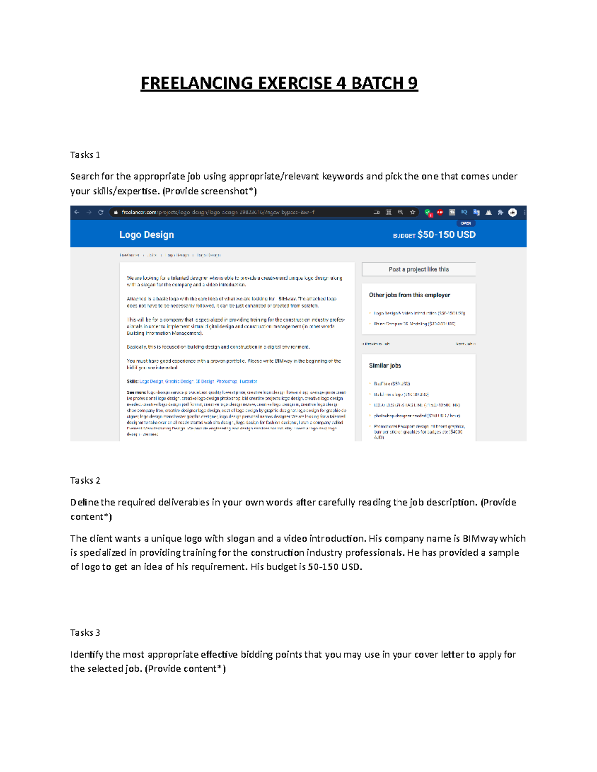 Freelancing Exercise 4 Batch 9 - FREELANCING EXERCISE 4 BATCH 9 Tasks 1 Search for the ...