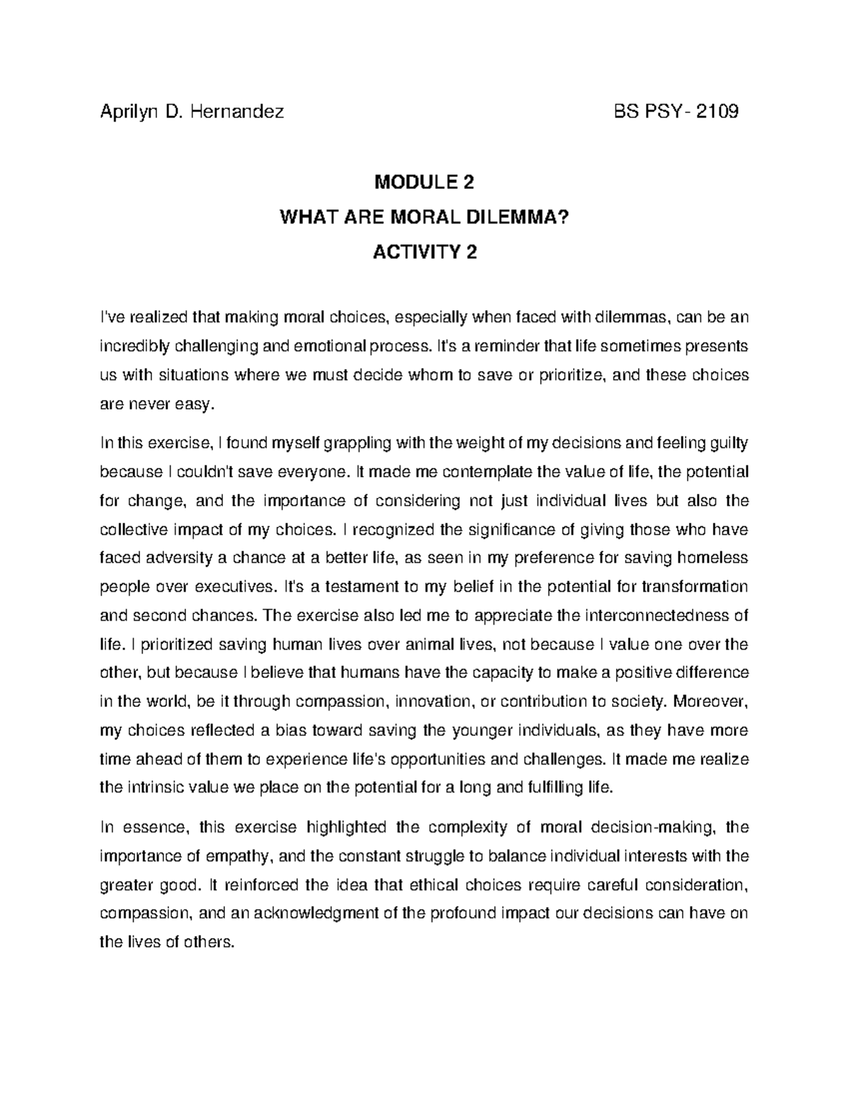 Reflection Dilemma Aprilyn Hernandez - Aprilyn D. Hernandez BS PSY ...