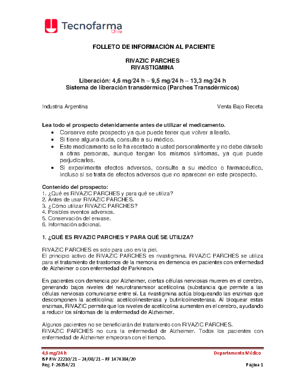 FIPac Rivazic 46 95 133mg 240821 - 4,6 mg/24 h Departamento Médico ISP ...