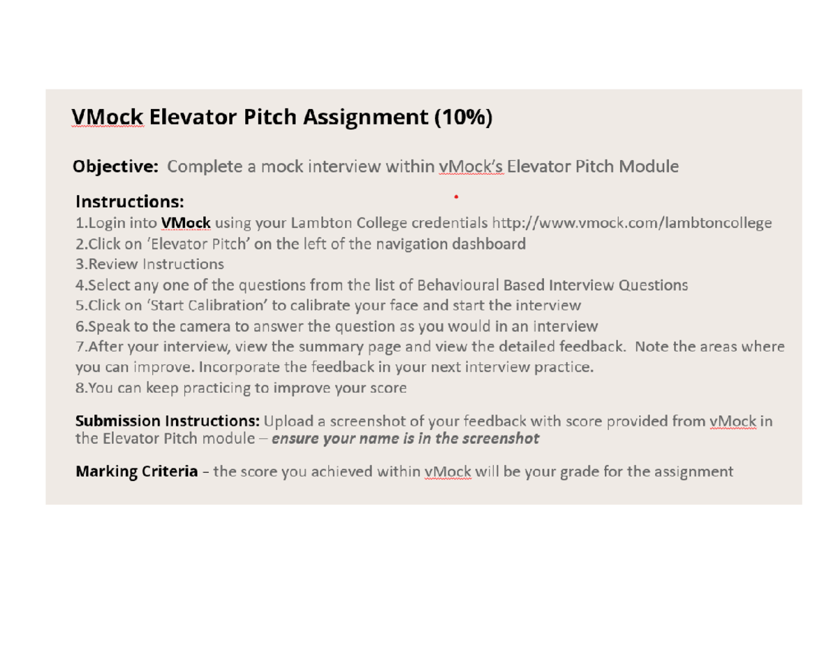 CPS-2001 VMock Elevator Pitch Mock Interview - AML-2404 - Studocu