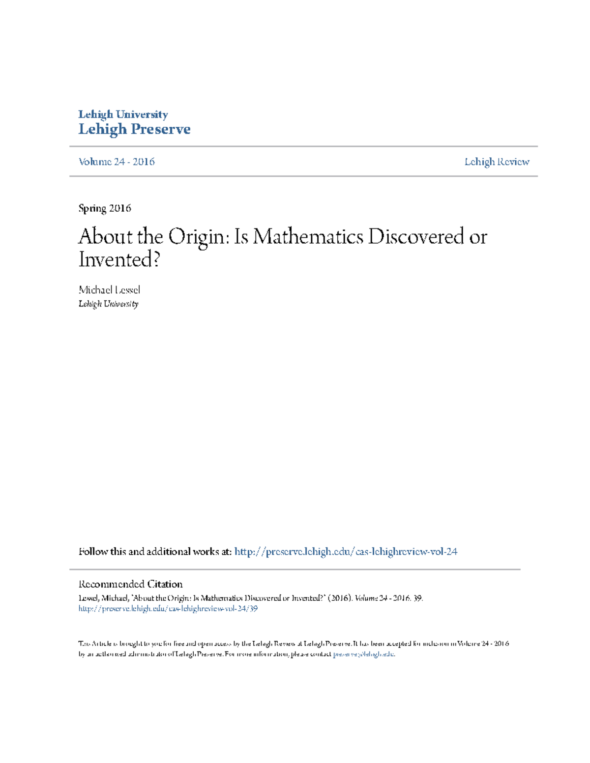About the Origin Is Mathematics Discovered or Invented - ####### Lehigh ...