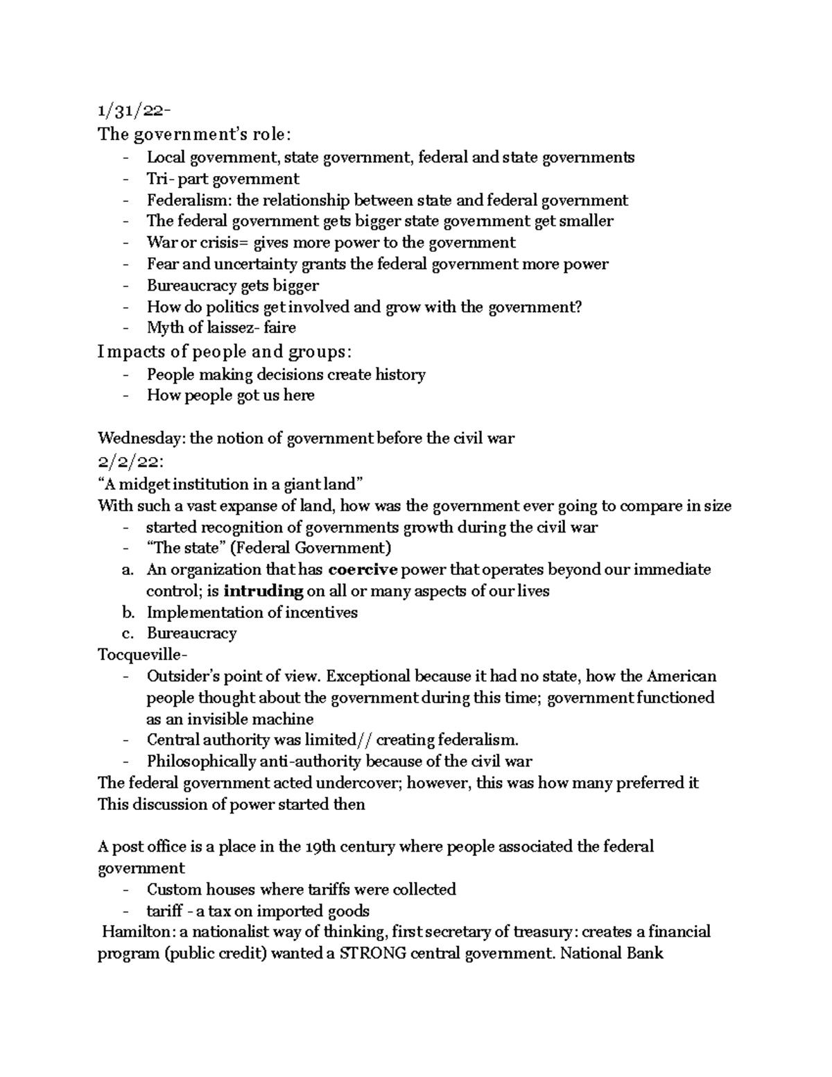 History notes - 1/31/22- The government’s role: Local government, state ...
