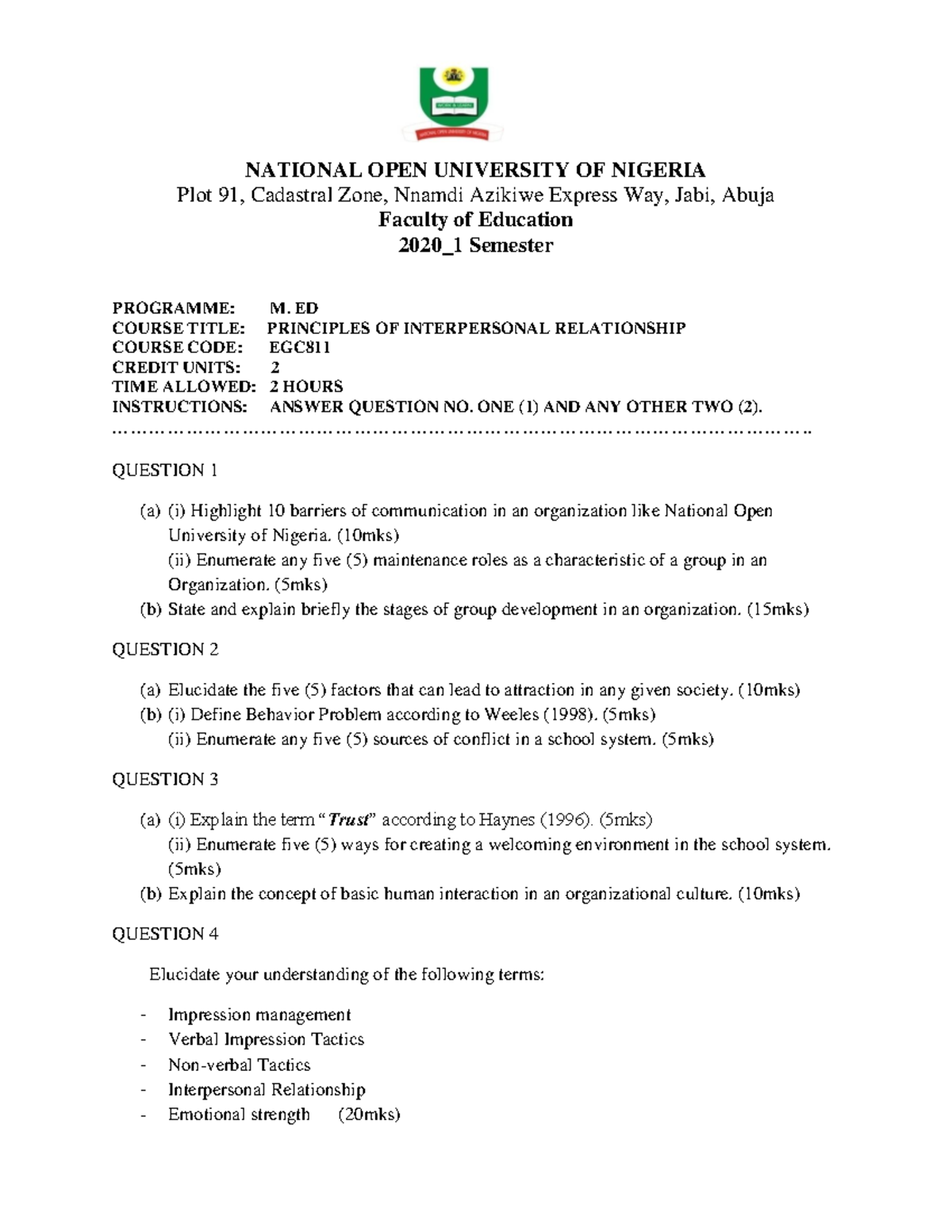 EGC811-2020 - Find to fight fog - NATIONAL OPEN UNIVERSITY OF NIGERIA Plot 91, Cadastral Zone ...